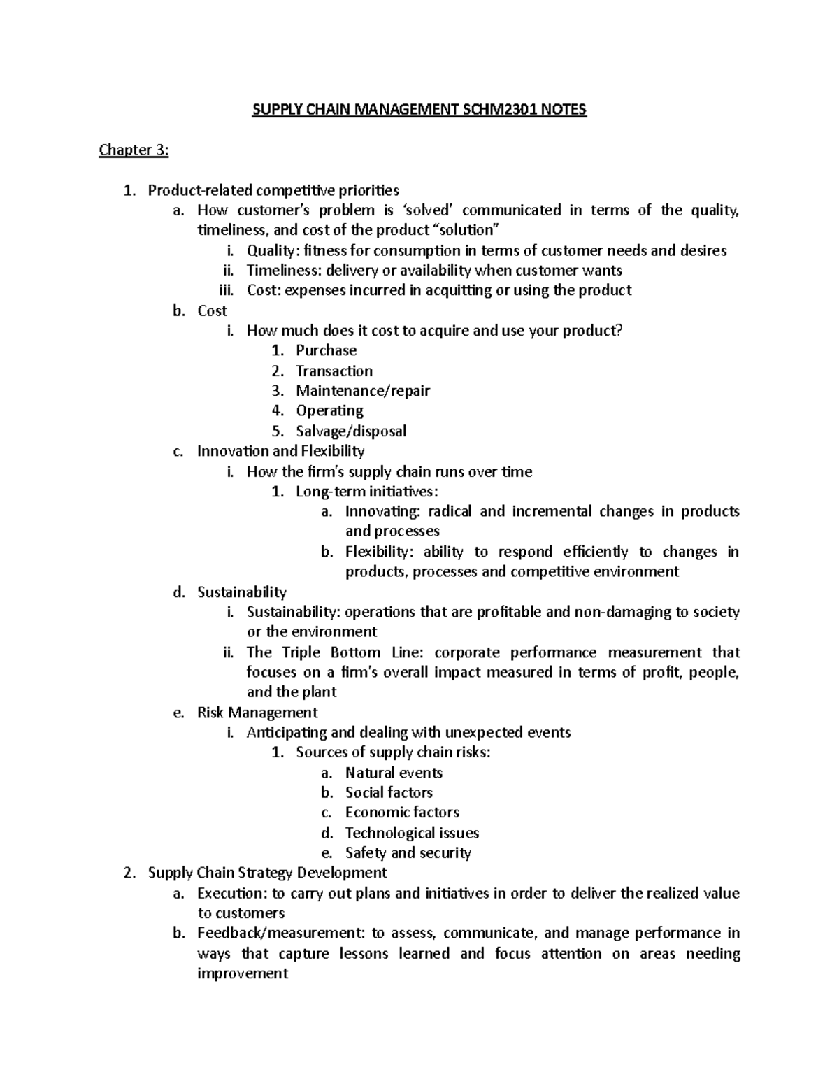 SCHM 2301 Notes - SUPPLY CHAIN MANAGEMENT SCHM2301 NOTES Chapter 3 ...