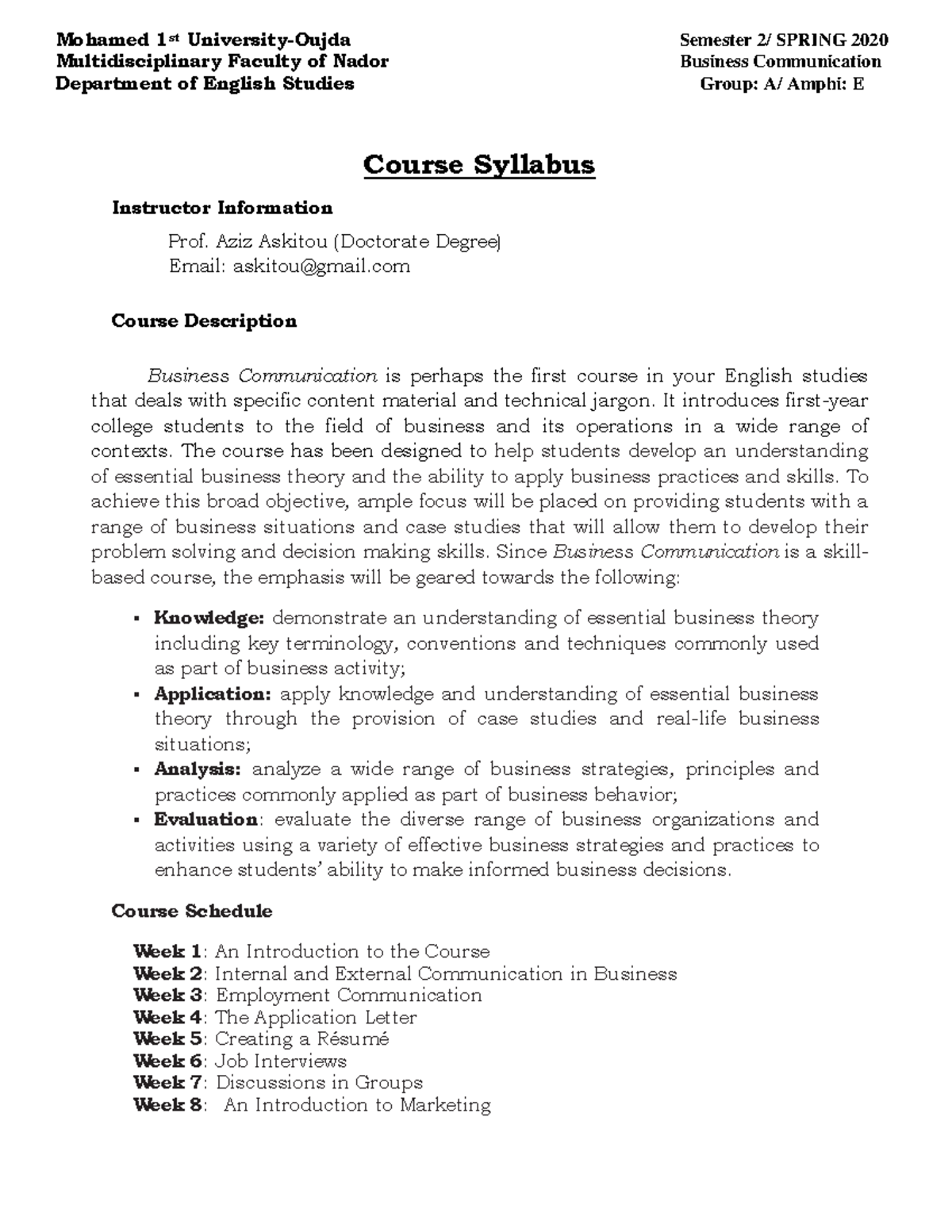 S2 Business English Course Description - Prof Askitou - Mohamed 1st ...
