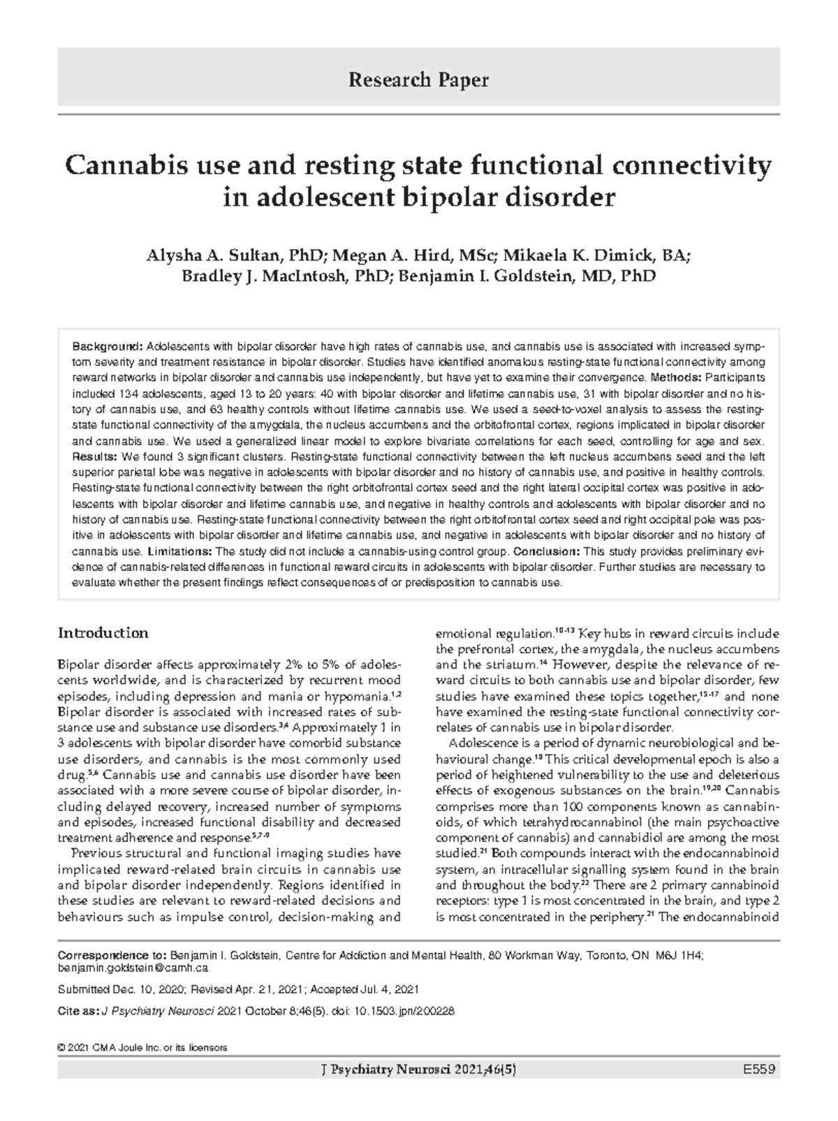 Cannabisandbipolar - peer reviewed article - © 2021 CMA Joule Inc. or ...