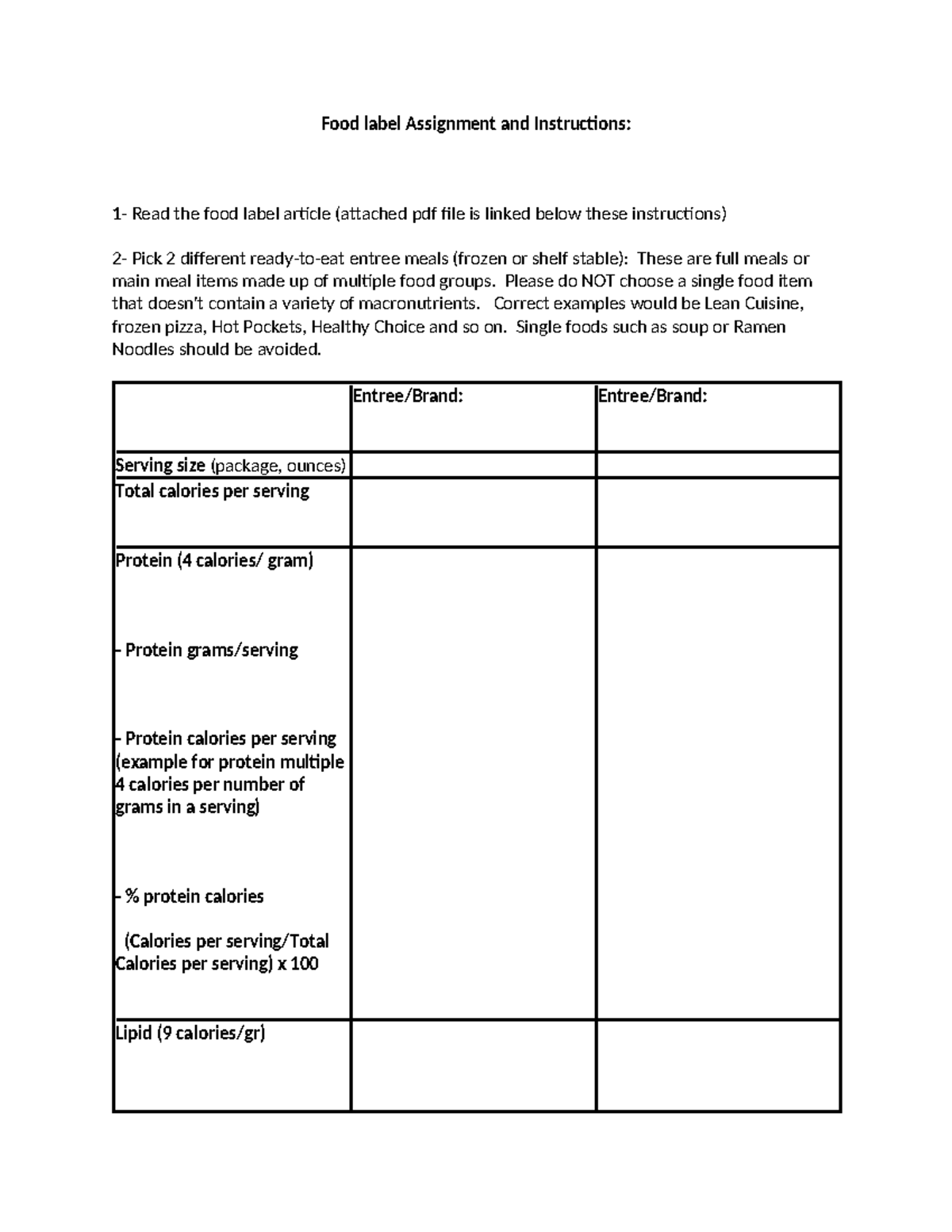Food label Assignment and Instructions - Please do NOT choose a single ...