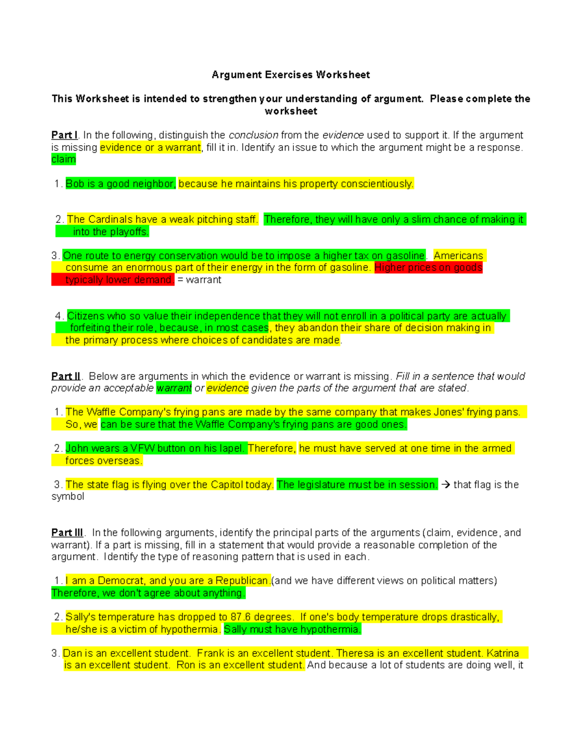 170 Argument Exercise - Argument Exercises Worksheet This Worksheet is intended to strengthen ...