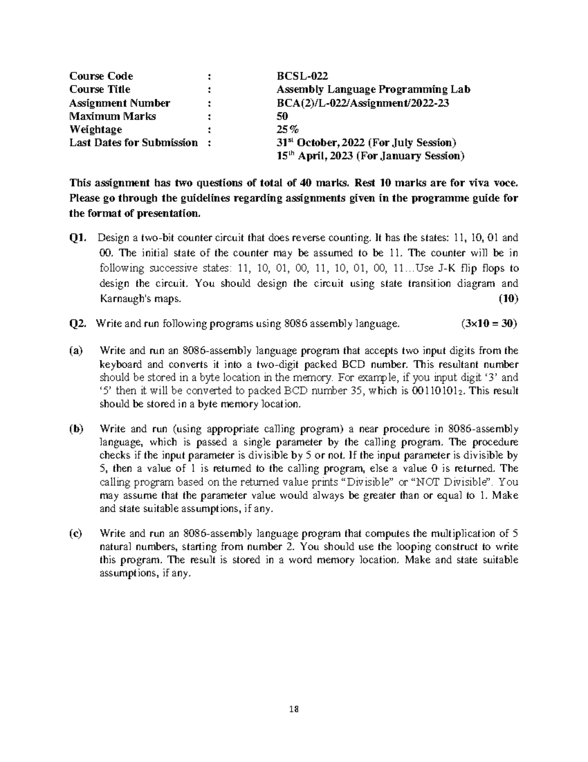 Bcsl22 Course Code Bcsl Course Title Assembly Language Programming Lab Assignment Number 