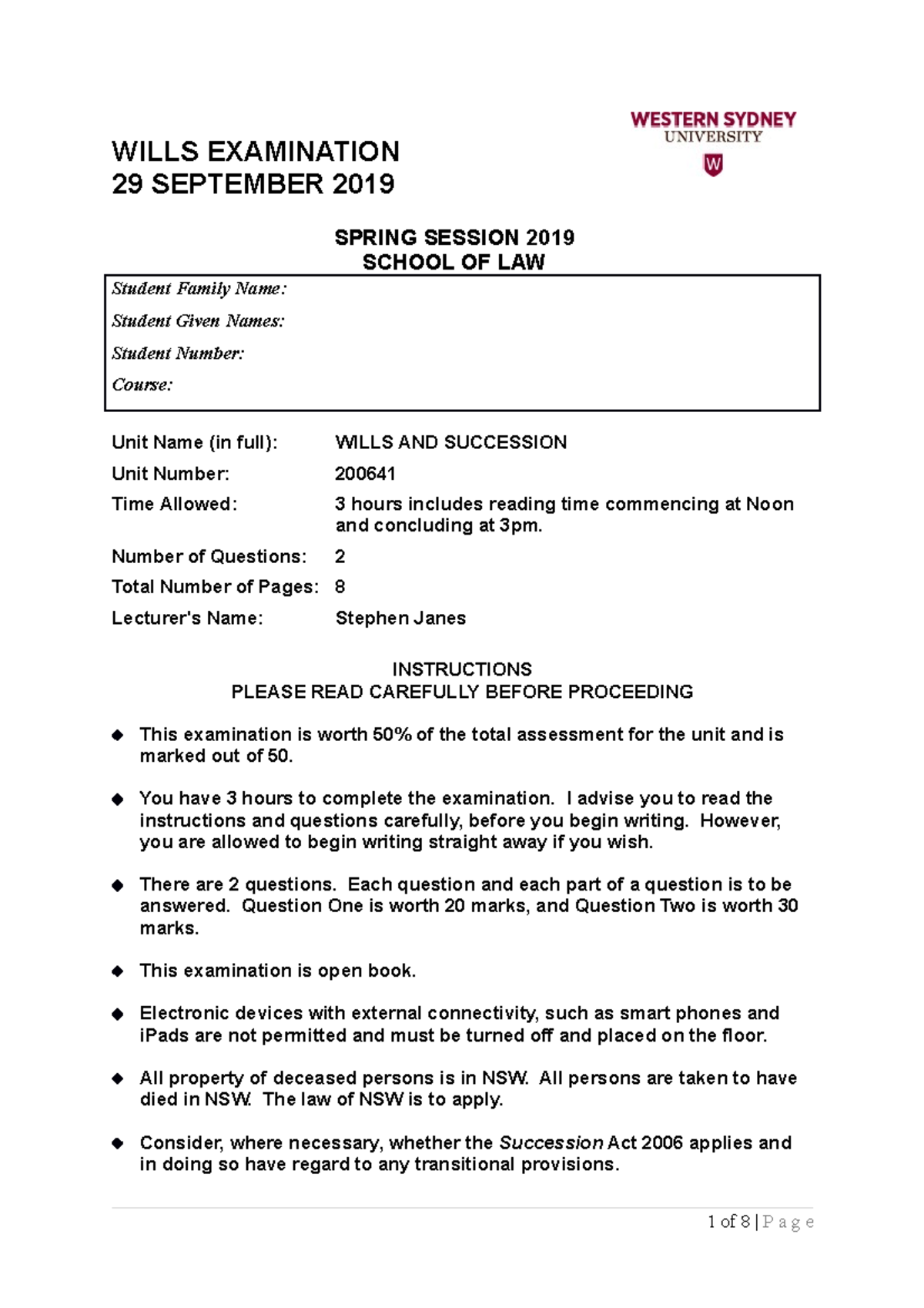 Wills Exam 2019 - WILLS EXAMINATION 29 SEPTEMBER 2019 SPRING SESSION ...