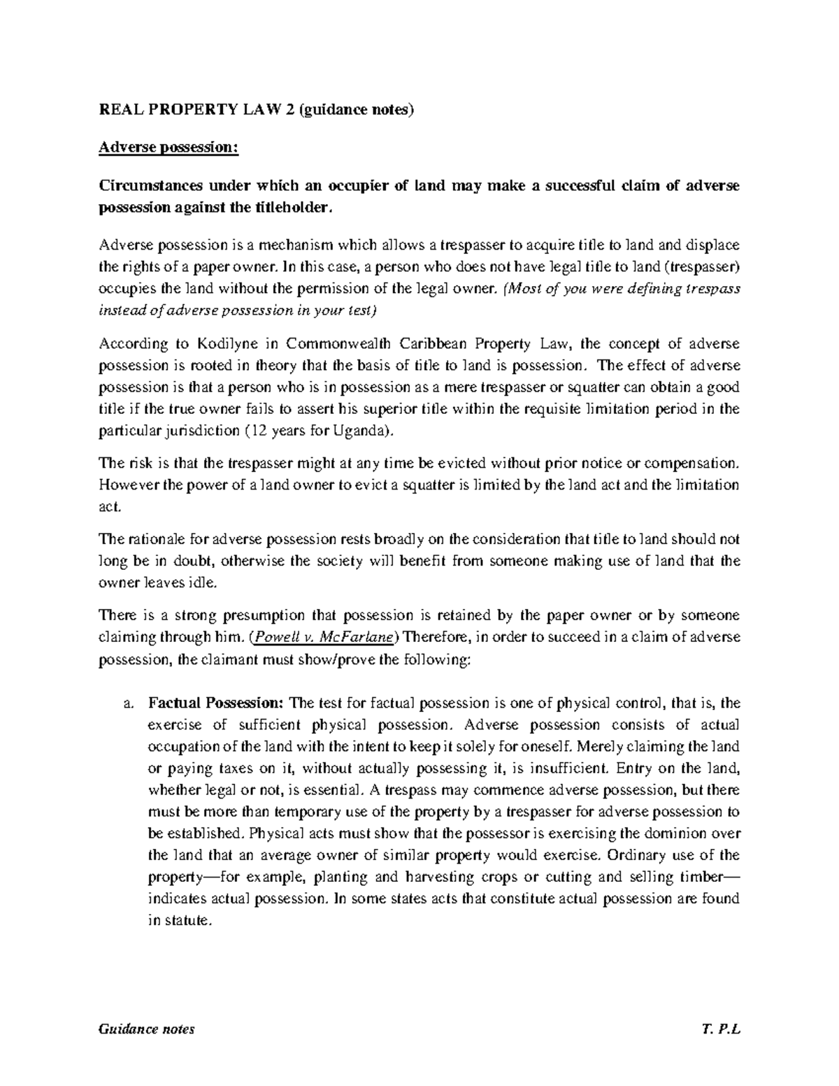 Real Property Law, Easements - REAL PROPERTY LAW 2 (guidance notes ...