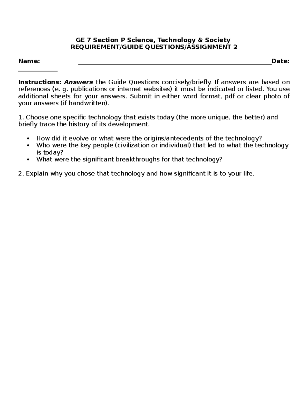 GE 7 P Guide Questions Assignmentecht 2 - GE 7 Section P Science ...