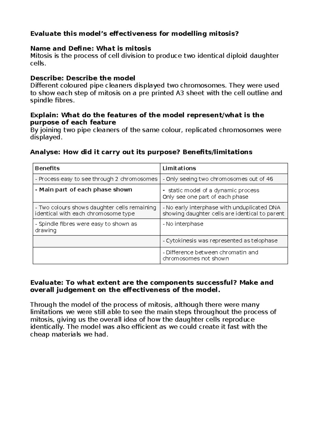 Describing models - biology - Evaluate this model’s effectiveness for ...