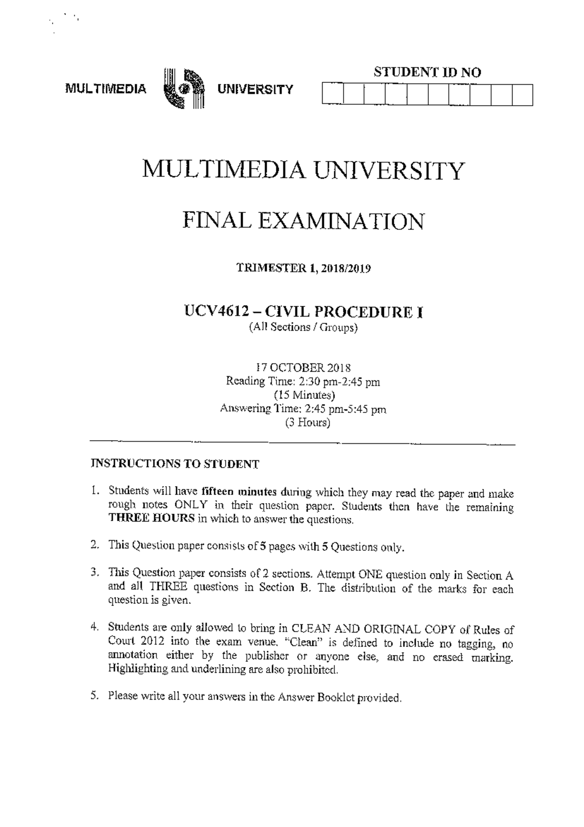 43524 - Past Year Exam Papers - Civil Procedure I - MMU - Studocu