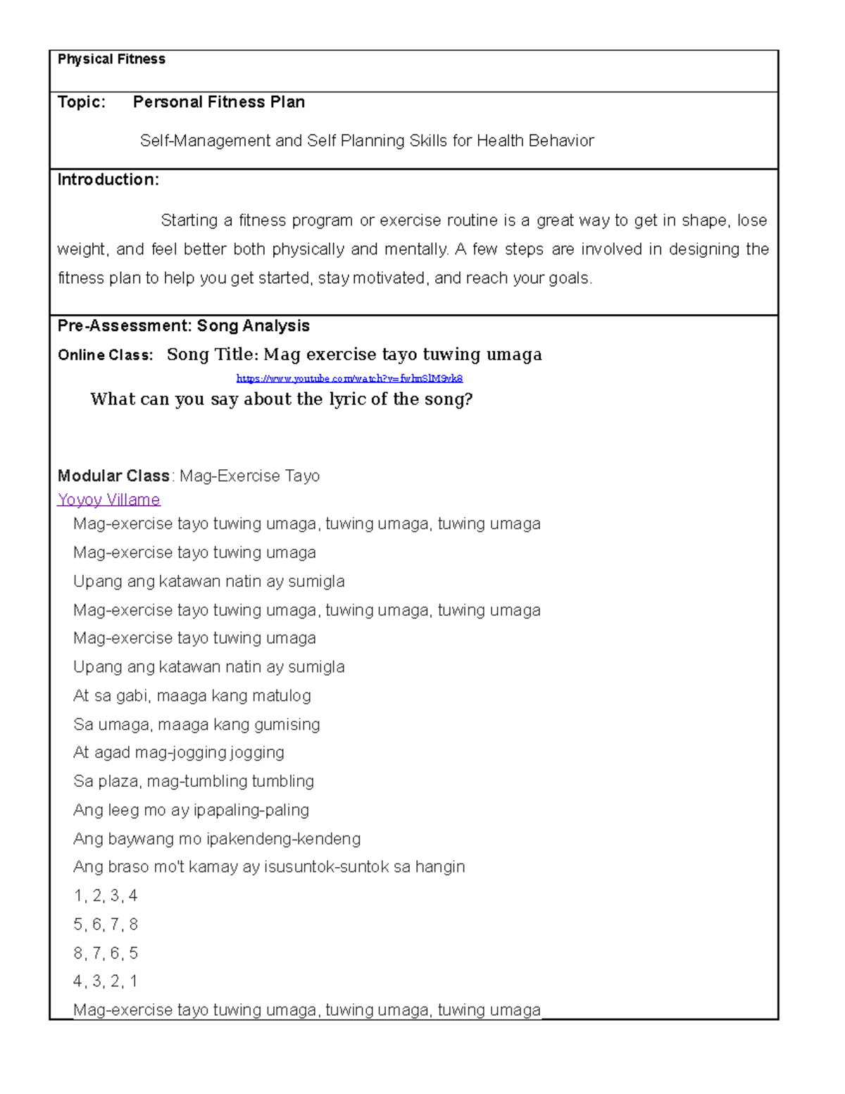 Physical Fitness W - PEH - Physical Fitness Topic: Personal Fitness ...