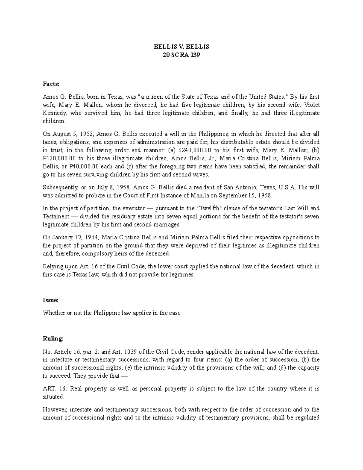 Bellis v. Bellis - BELLIS V. BELLIS 20 SCRA 139 Facts: Amos G. Bellis ...