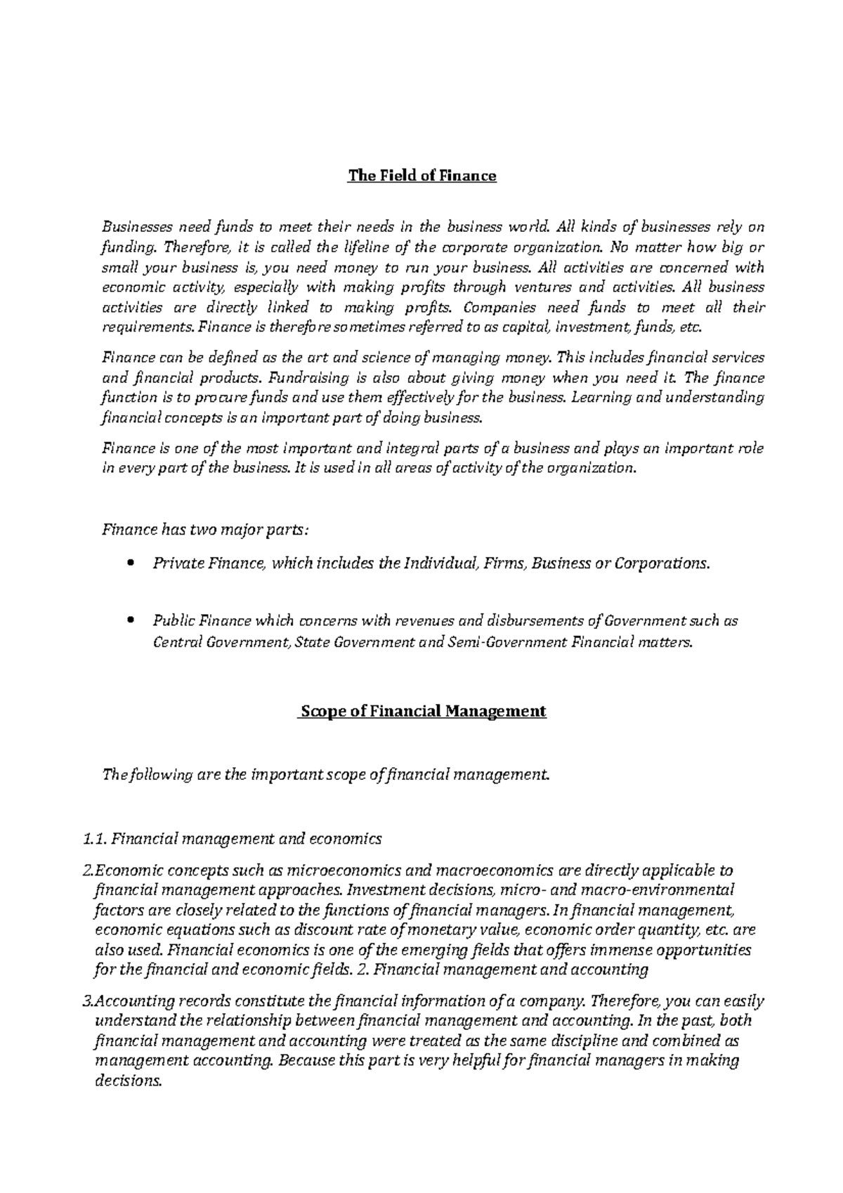 Lecture notes in finance - The Field of Finance Businesses need funds ...