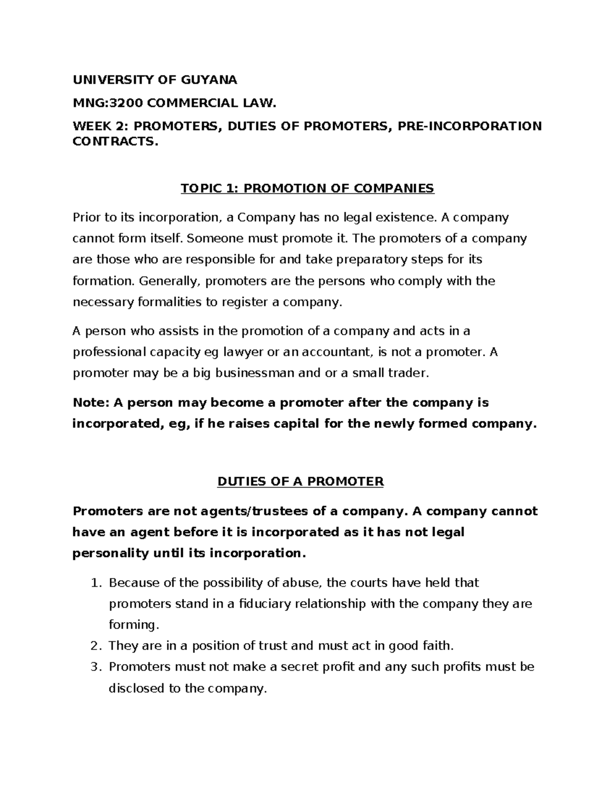 Lecture Notes Promoters , PRE- Incorporation Contracts AND THE Internal ...