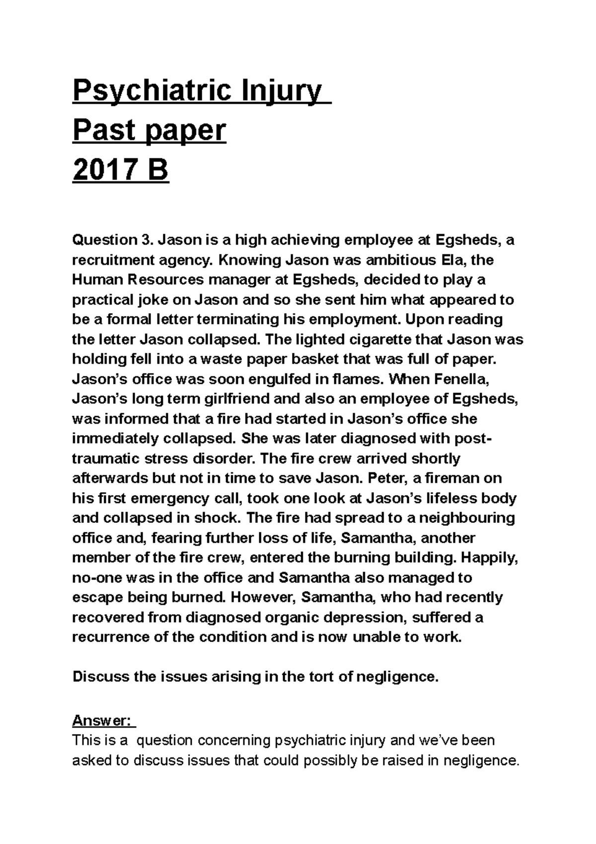 Psychiatric Injury Question - Psychiatric Injury Past paper 2017 B ...