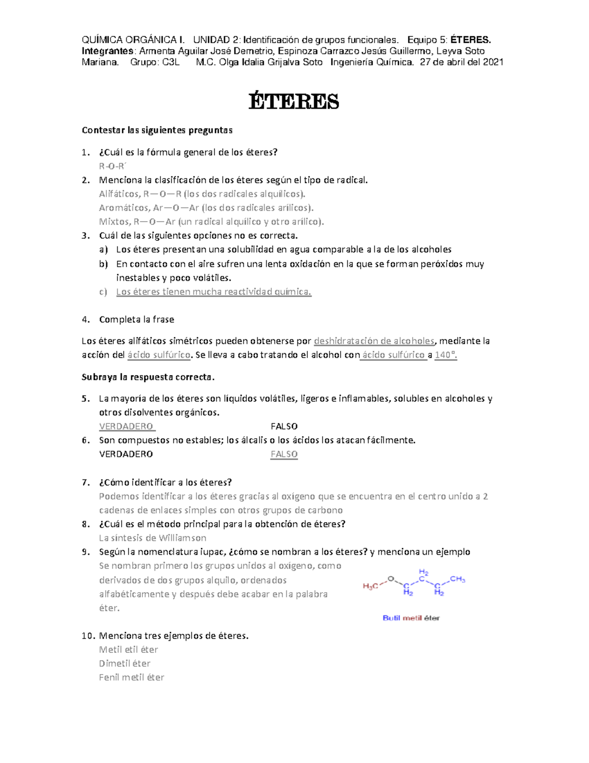 U2.Act.práctica. Éteres - QUÍMICA ORGÁNICA I. UNIDAD 2: Identificación ...