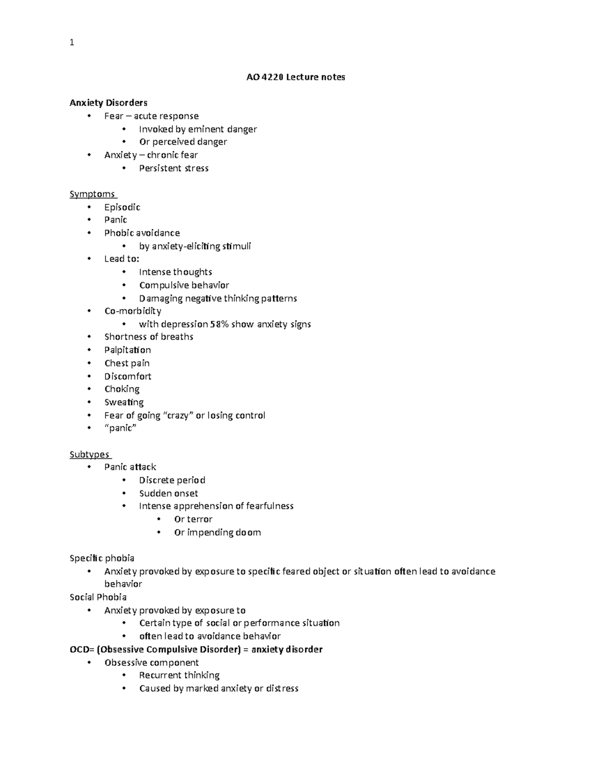 Anxiety Disorders - Dr. Tam lecture notes - AO 4220 Lecture notes ...