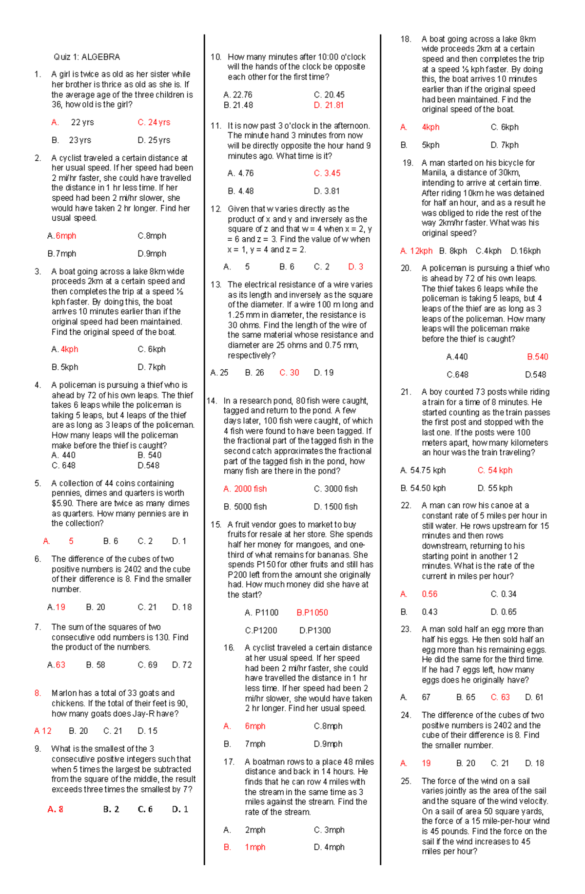 CC1 Algebra 1 & 2 Quiz - Quiz 1: ALGEBRA A girl is twice as old as her ...