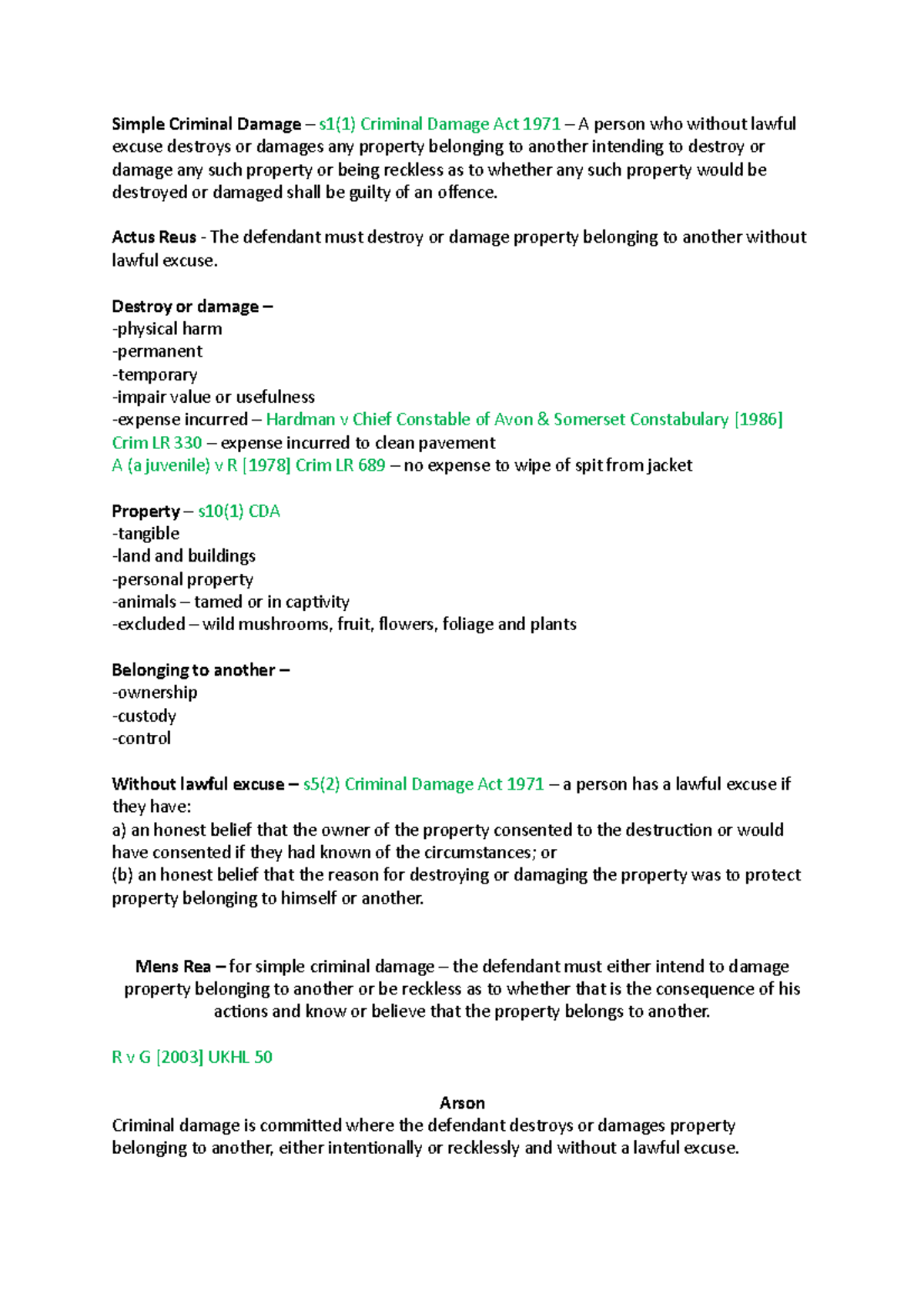 Criminal Damage - Lecture notes 4 - Simple Criminal Damage – s1(1 ...