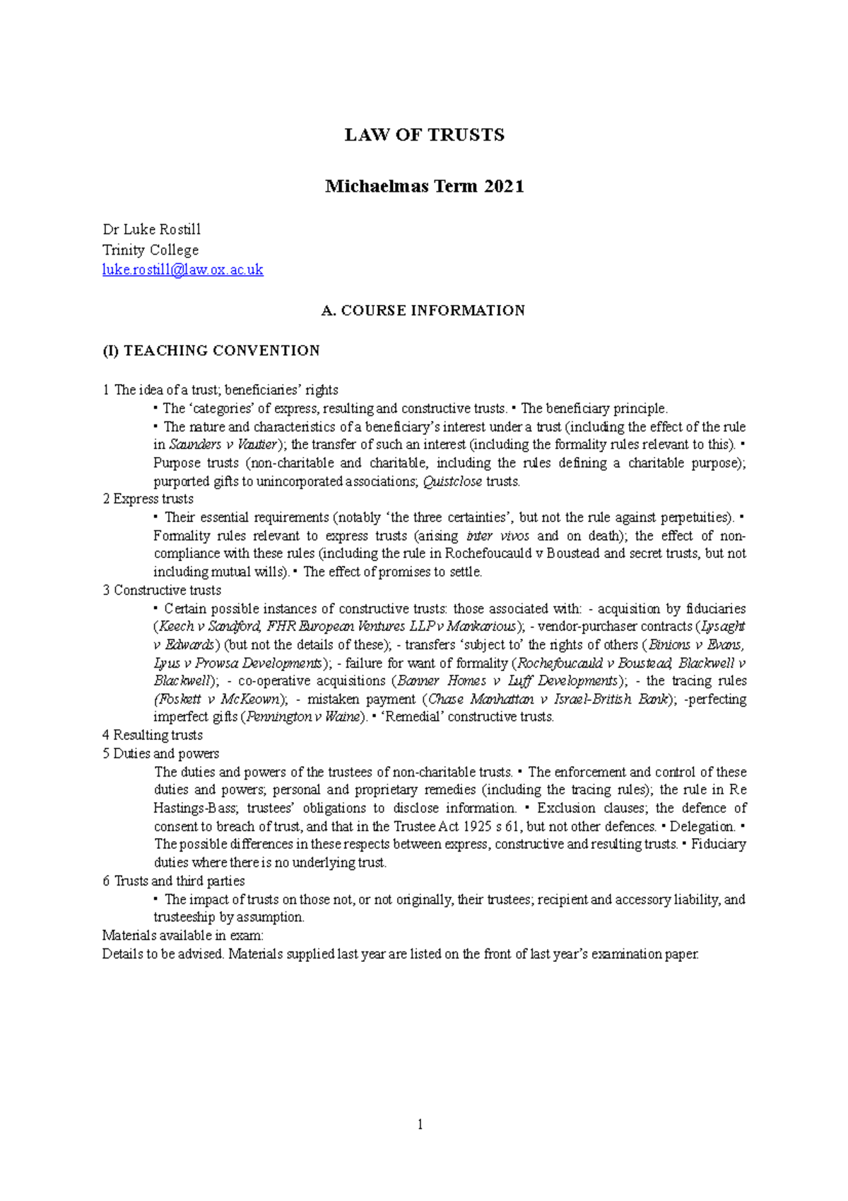 Trusts Course Info and Reading List (LR MT21) - 1 LAW OF TRUSTS ...