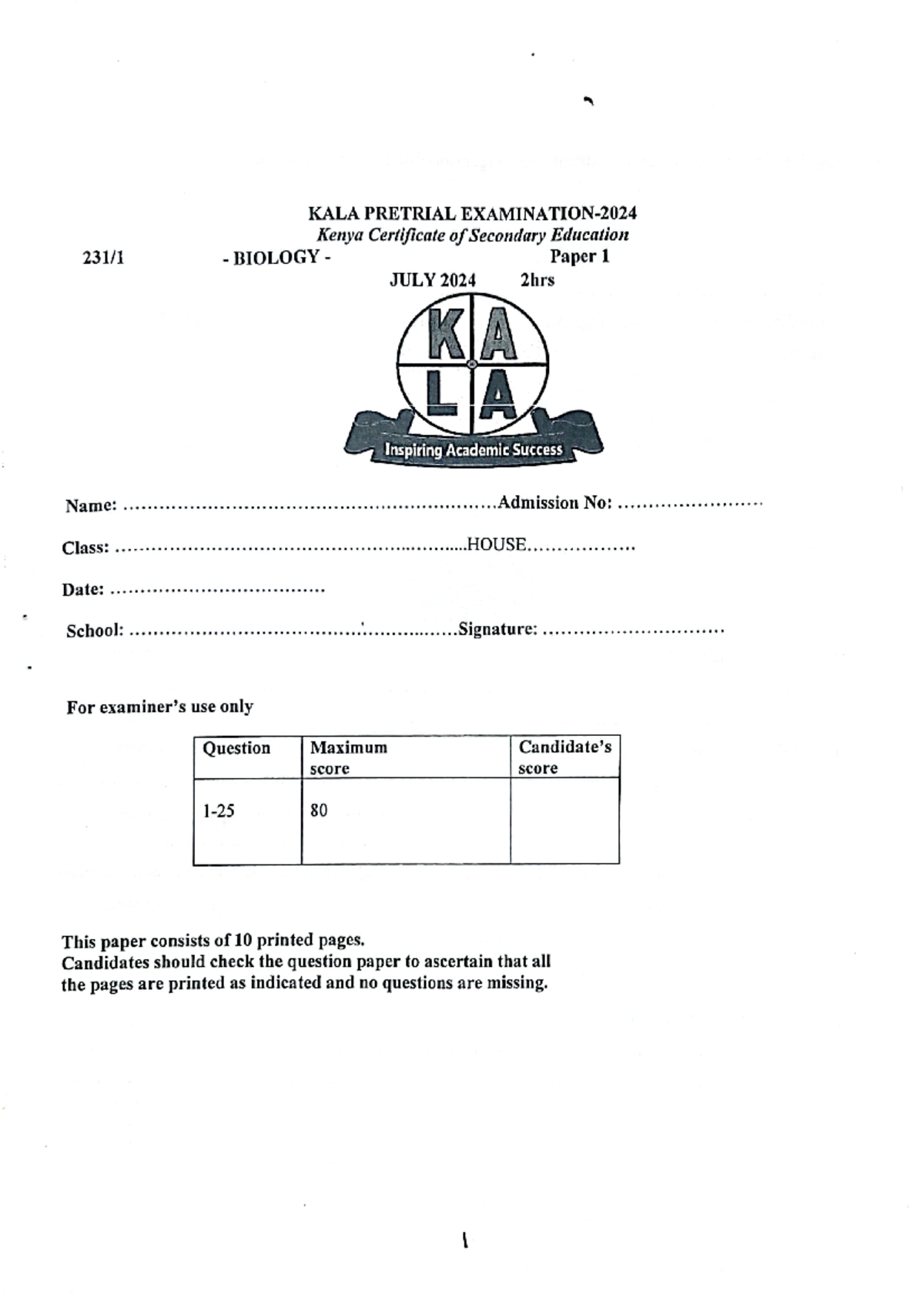 KALA BIO PP1 QP 2024 - Biology for revision - KALA PRETRIAL Kenya ...