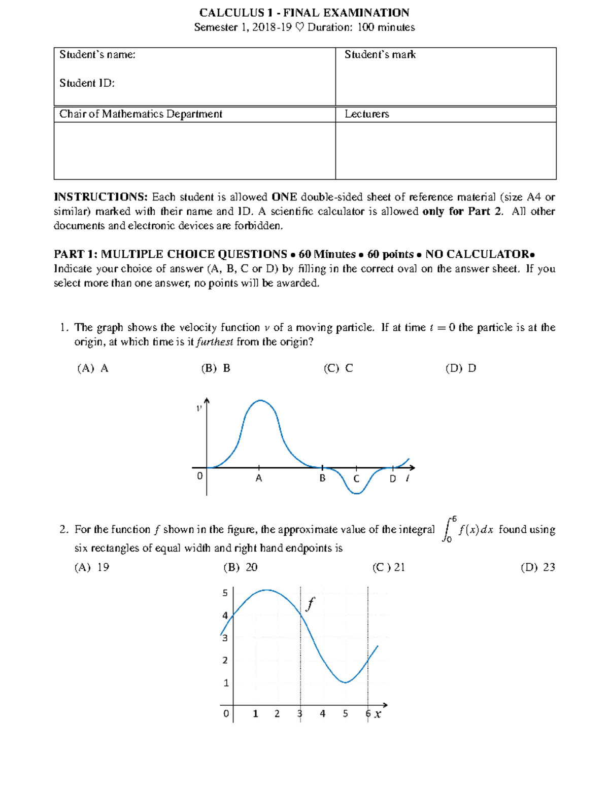 Sample final - n/a - CALCULUS 1 - FINAL EXAMINATION Semester 1, 2018-19 ...