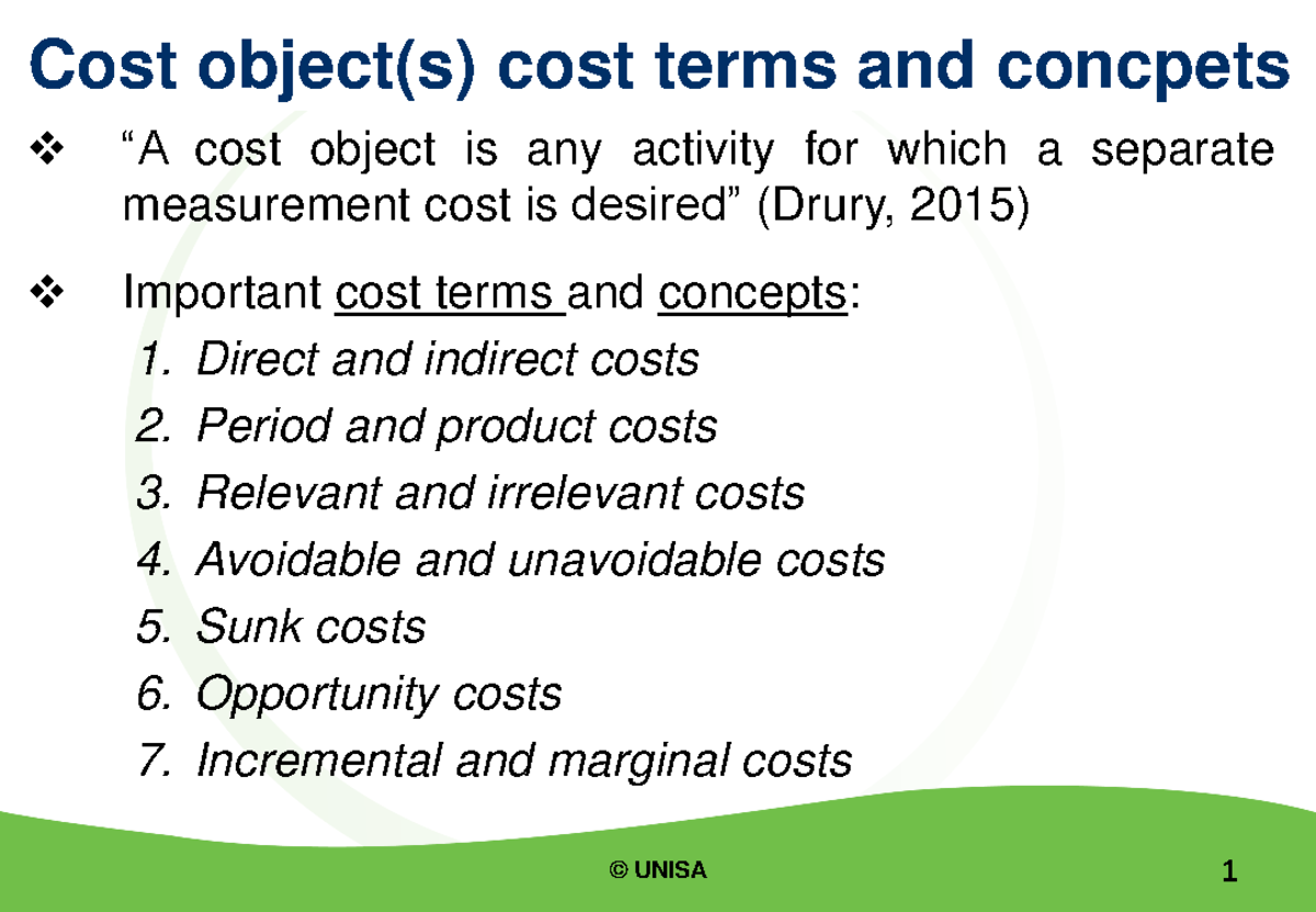 1. Cost objects and classification - Cost object(s) cost terms and ...