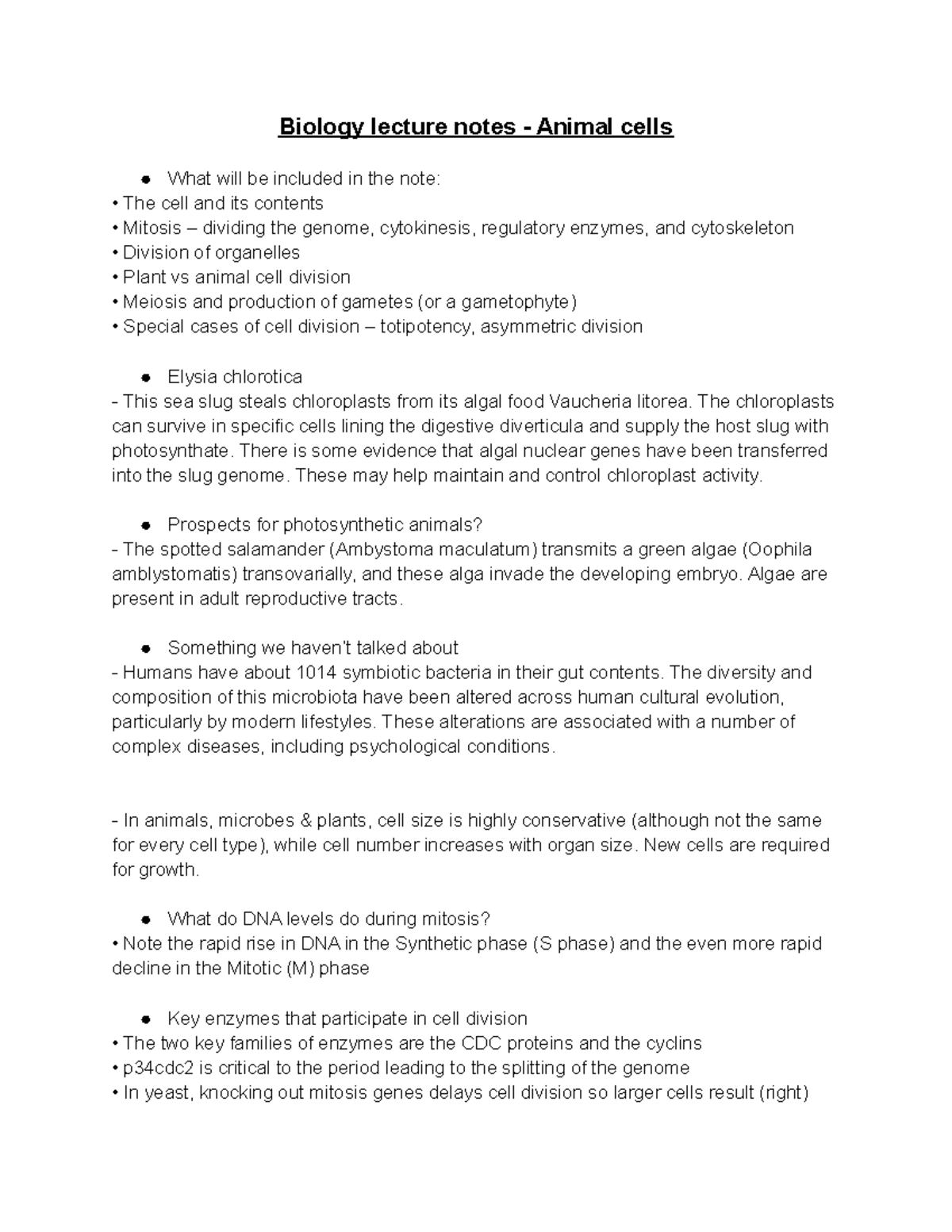 Biology lecture notes - Animal cells - The chloroplasts can survive in ...