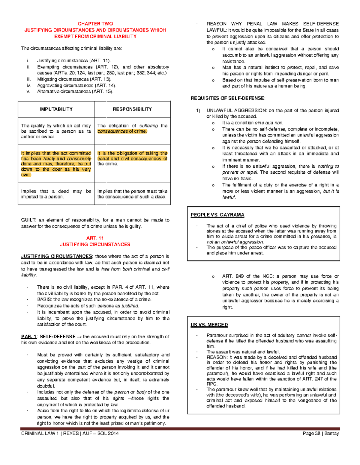 Notes REYES Criminal Law-38-49 - CHAPTER TWO JUSTIFYING CIRCUMSTANCES ...