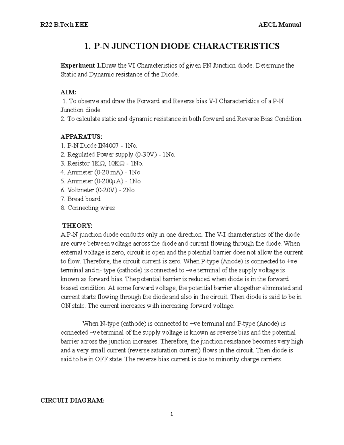 AEC lab manual - 1. P-N JUNCTION DIODE CHARACTERISTICS Experiment 1 the ...