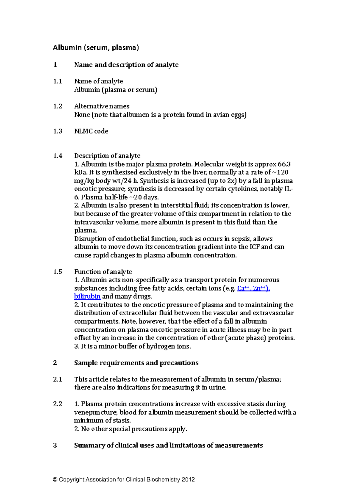 Albumin - protein - Albumin (serum, plasma) 1 Name and description of ...