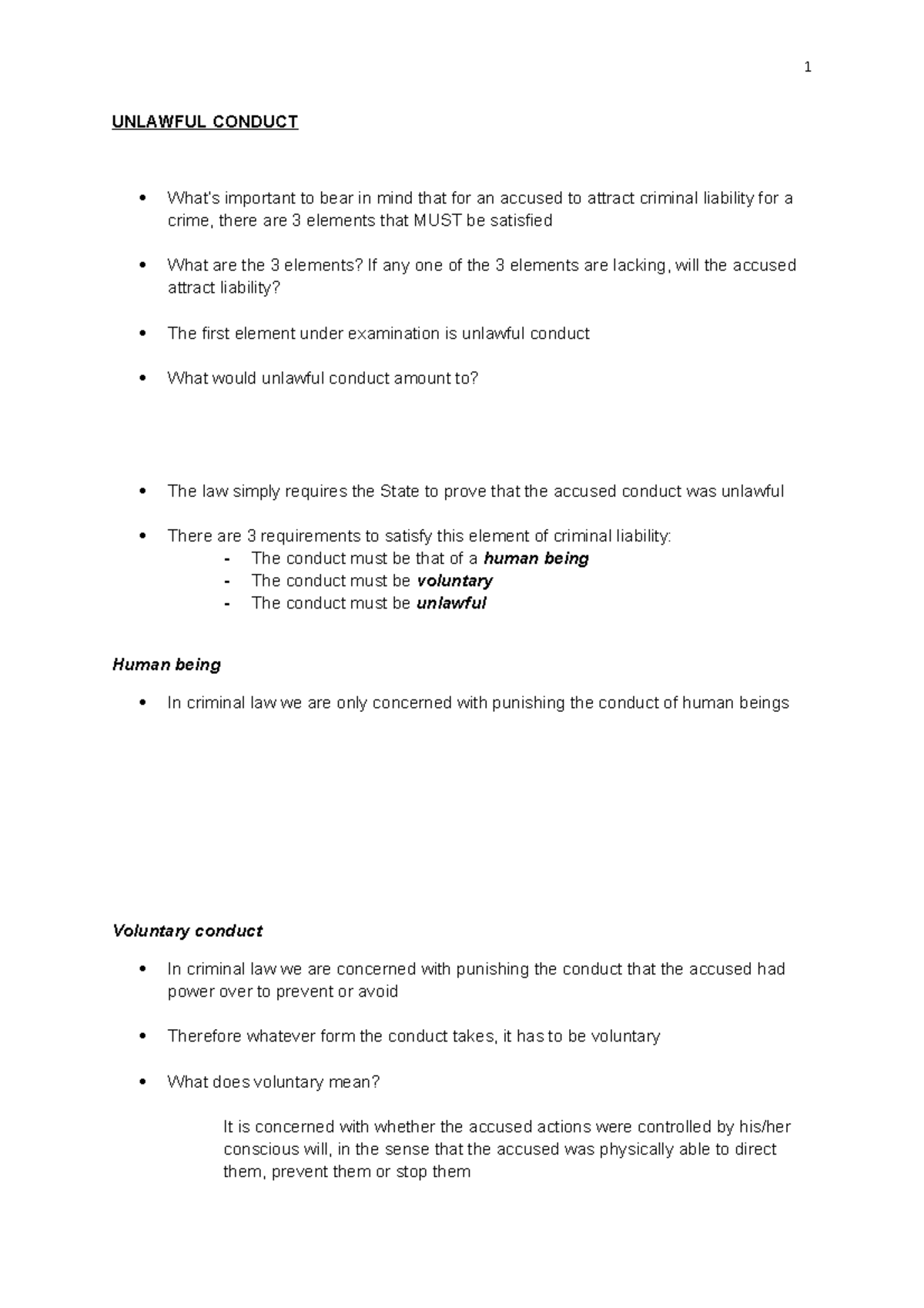 Unlawful Conduct Notes - UNLAWFUL CONDUCT What’s important to bear in ...