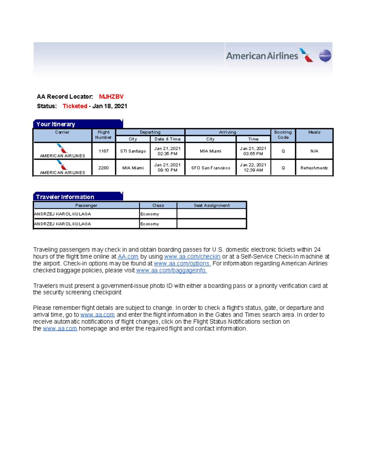 AA Record Locator - domestic electronic tickets within 24 hours of the ...