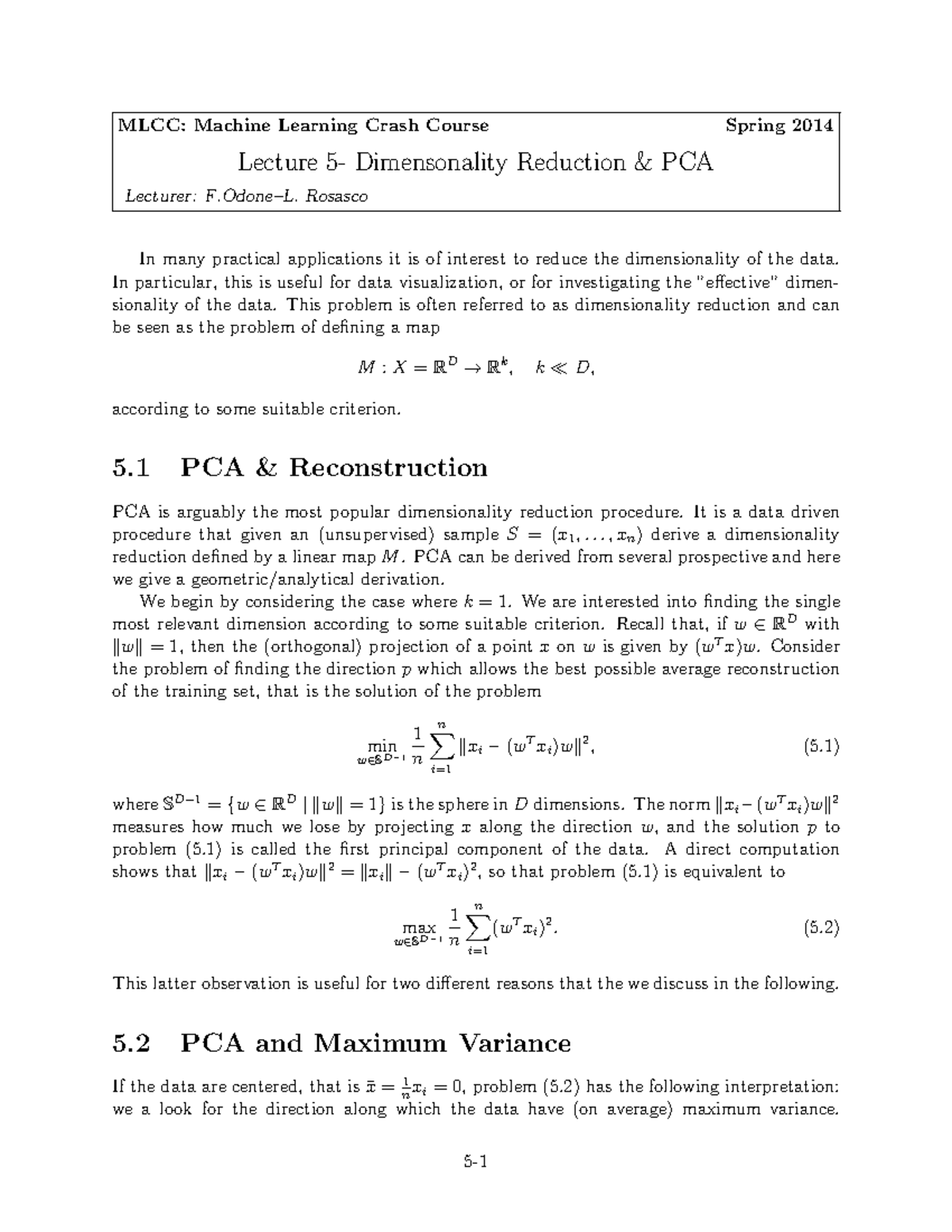 Lecture 5 PCA - Just a PCA note - MLCC: Machine Learning Crash Course Spring 2014 Lecture 5 ...