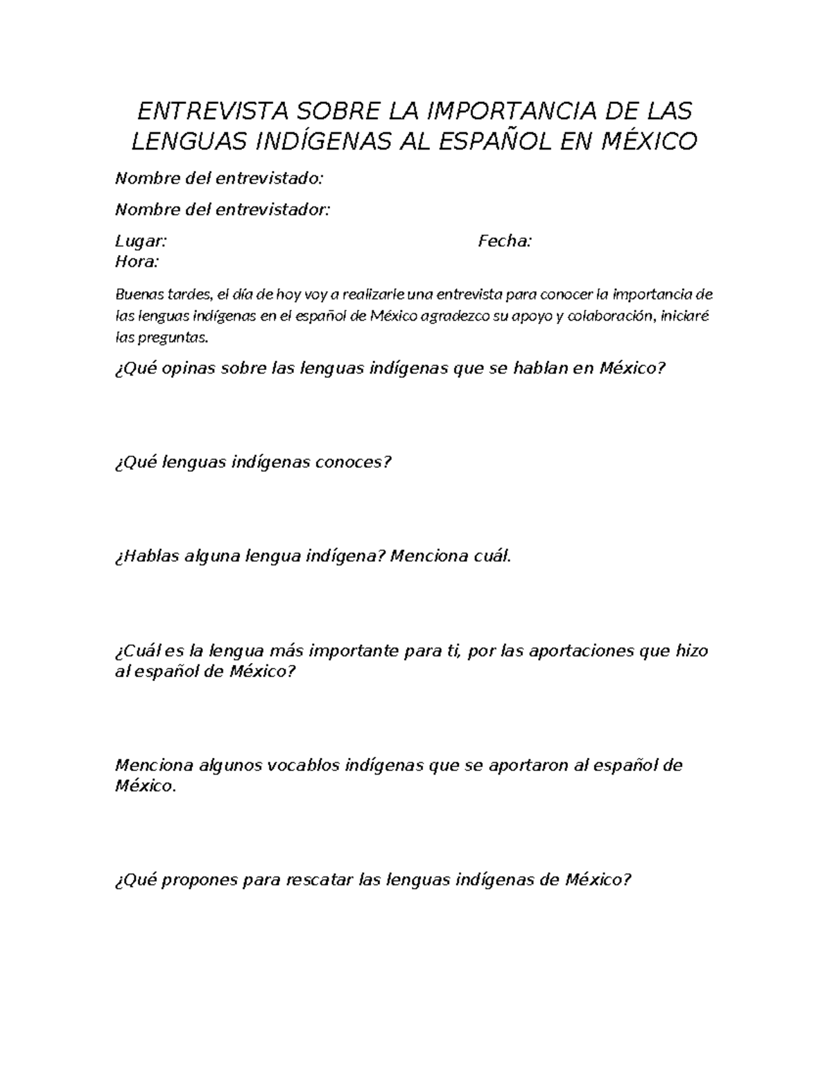 Entrevista Sobre LA Importancia DE LAS Lenguas Indígenas AL Español EN ...