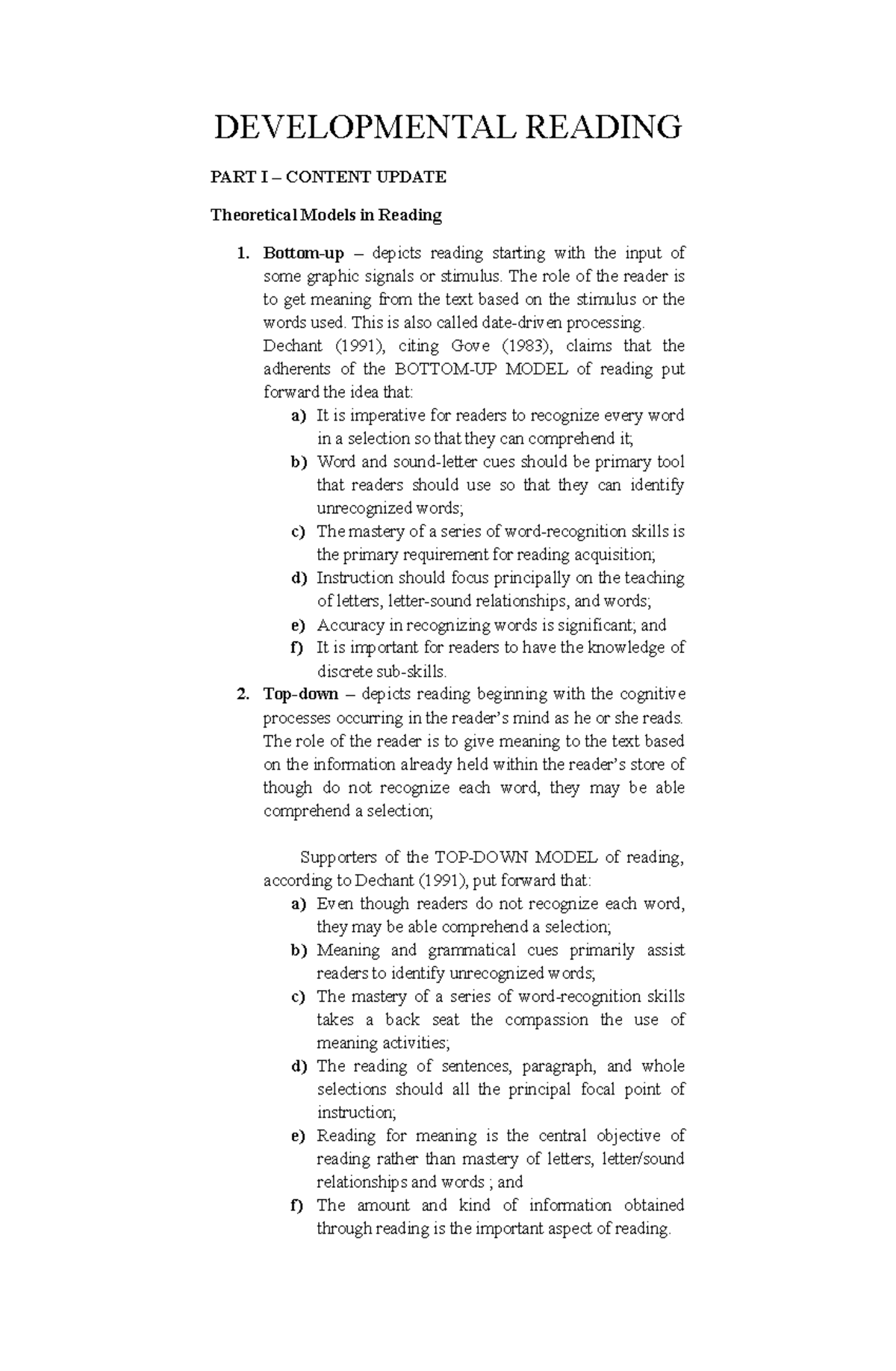 Theoretical Models in Reading - DEVELOPMENTAL READING PART I – CONTENT ...