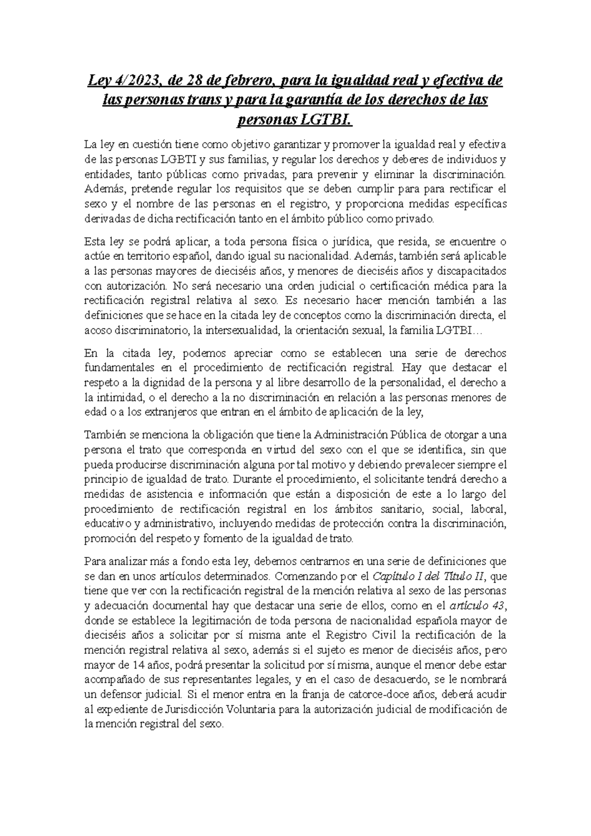Ley trans - Ley 4/2023, de 28 de febrero, para la igualdad real y ...