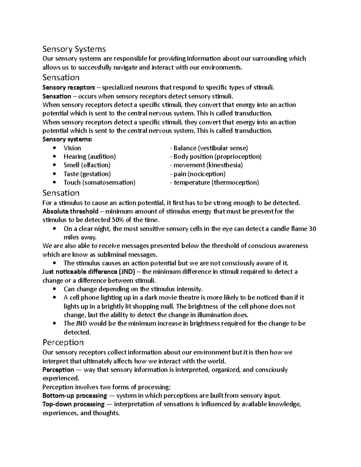 Psychology Ch5 - notes from power point - Sensory Systems Our sensory ...