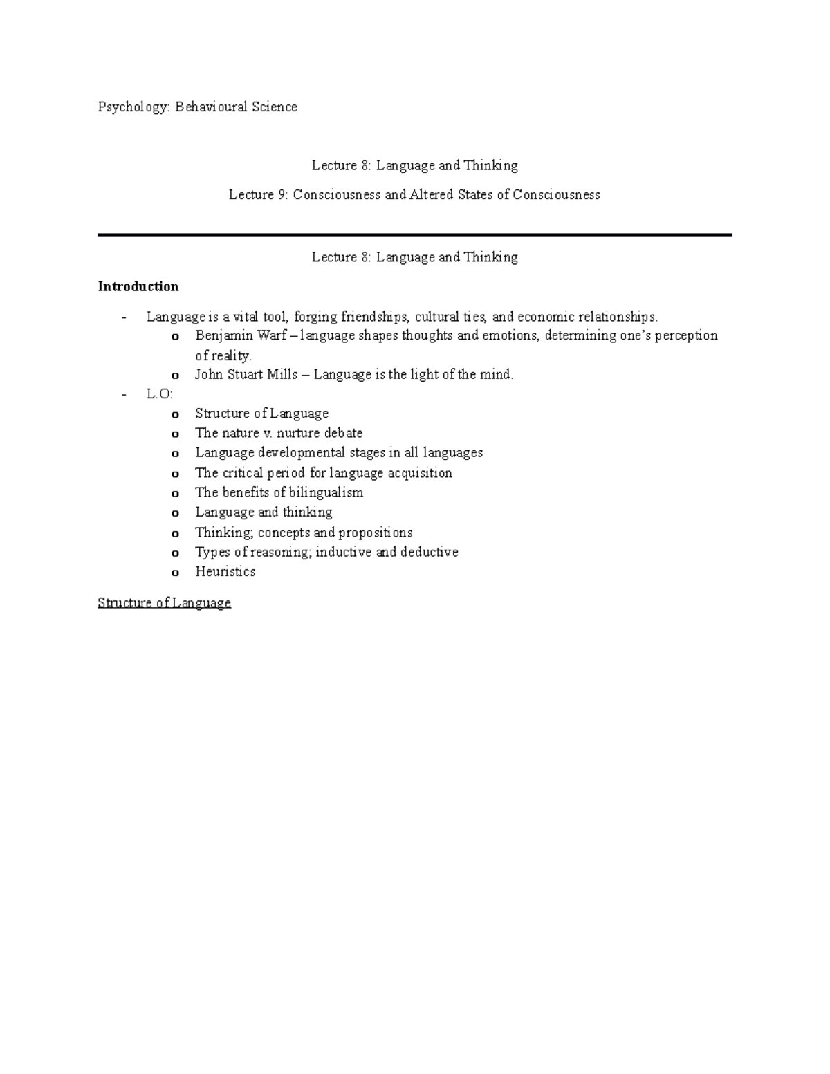Lecture 8 & 9 - Language ... & Consciousness - Psychology: Behavioural ...
