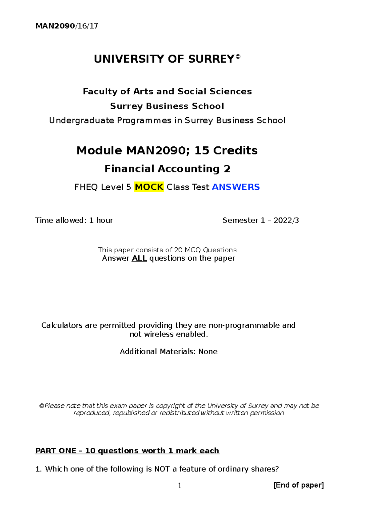 MAN2090 MOCK class test Answers - UNIVERSITY OF SURREY © Faculty of ...
