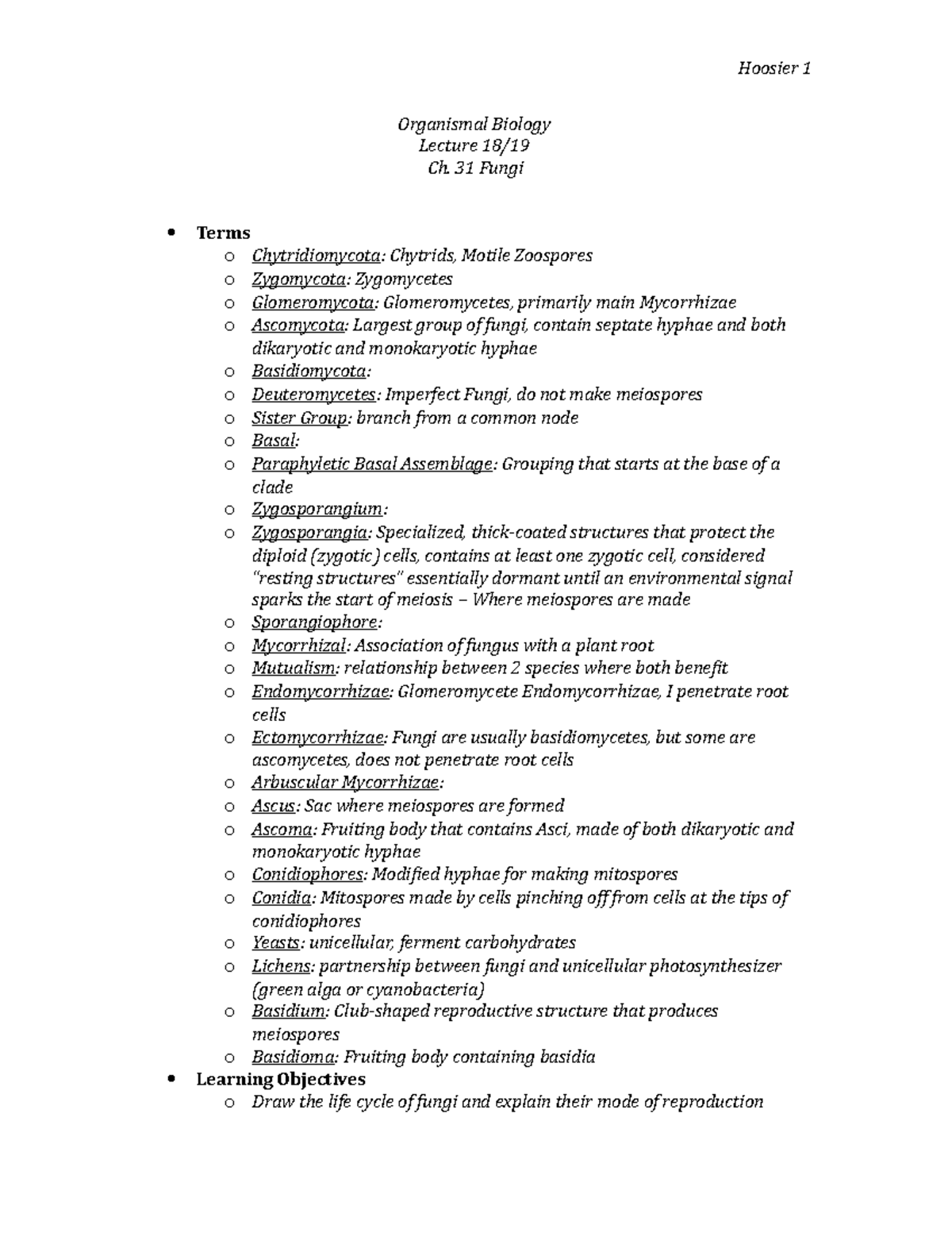 Ch.31 Lectures 18/19 Notes – Fungi Part II - Organismal Biology Lecture ...