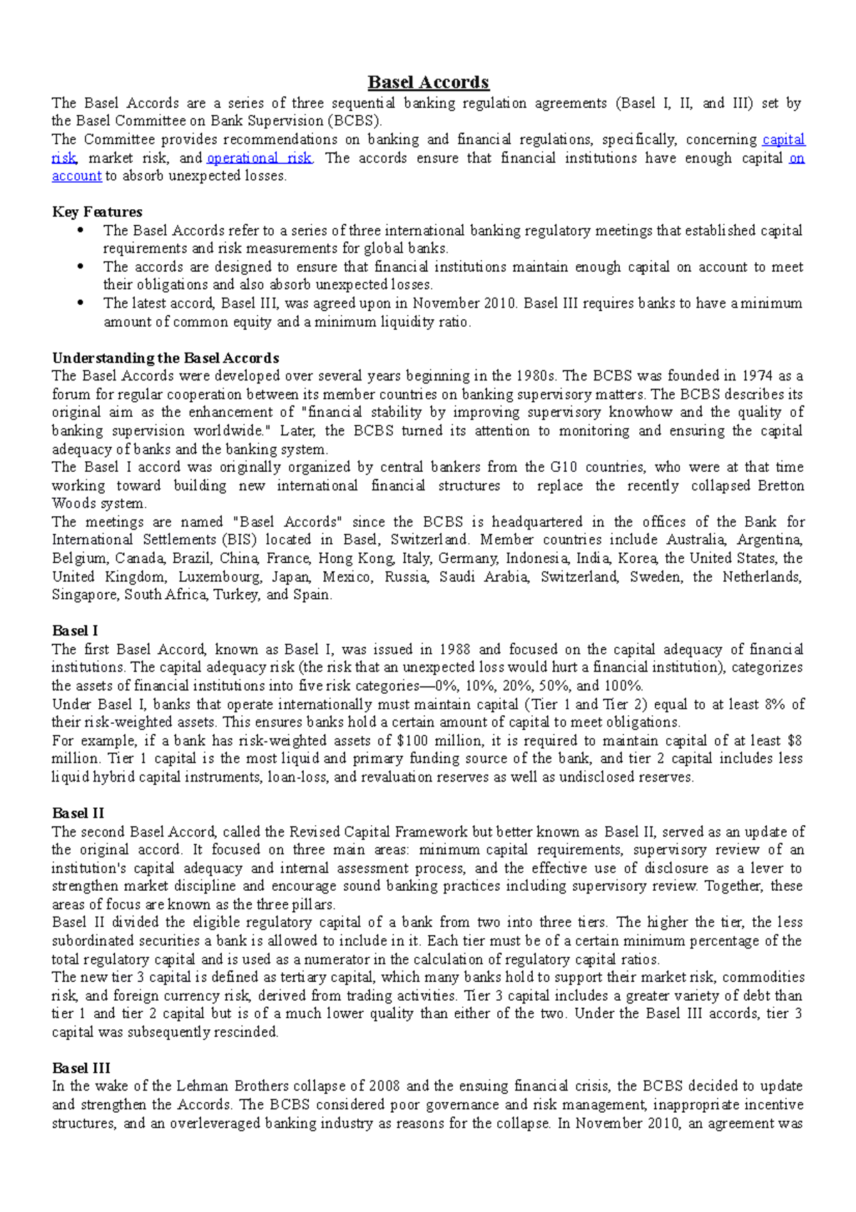 Basel Accords Handouts - Basel Accords The Basel Accords are a series ...