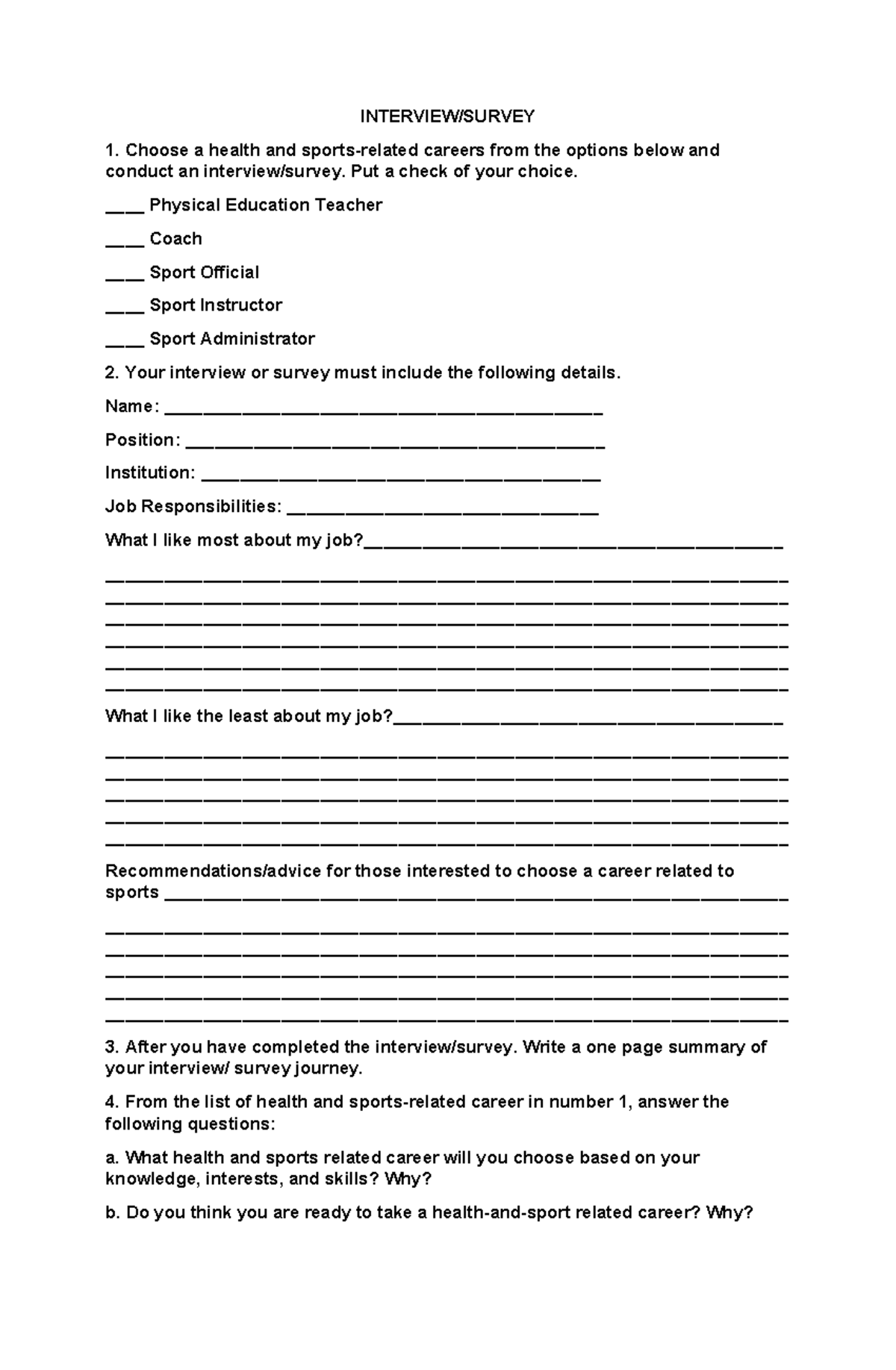Interview pt 4 peh - INTERVIEW/SURVEY Choose a health and sports ...