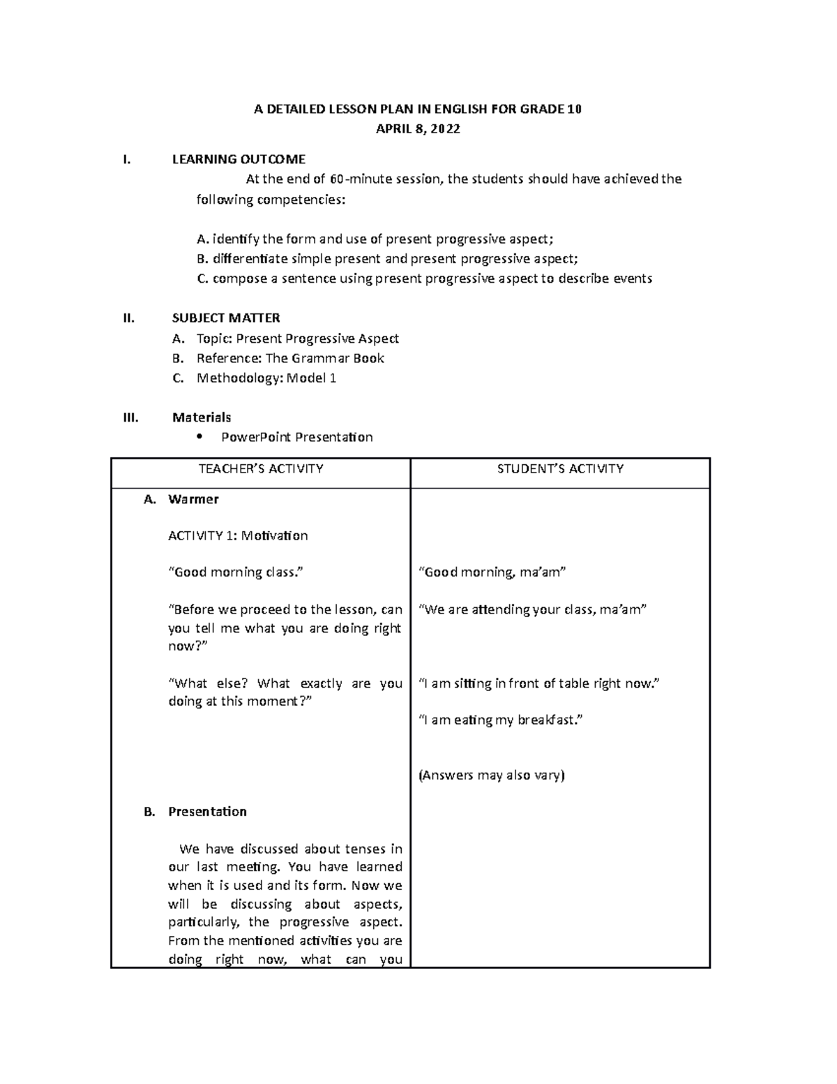 A Detailed Lesson PLAN IN English FOR Grade 10 - A DETAILED LESSON PLAN ...