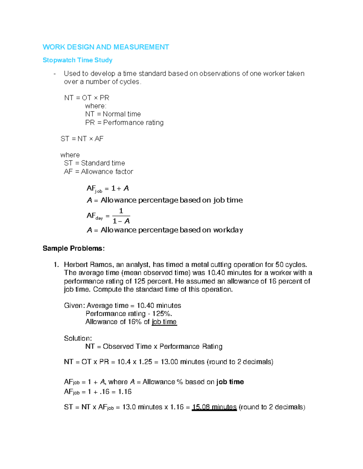 Sample Problems- work design - WORK DESIGN AND MEASUREMENT Stopwatch ...