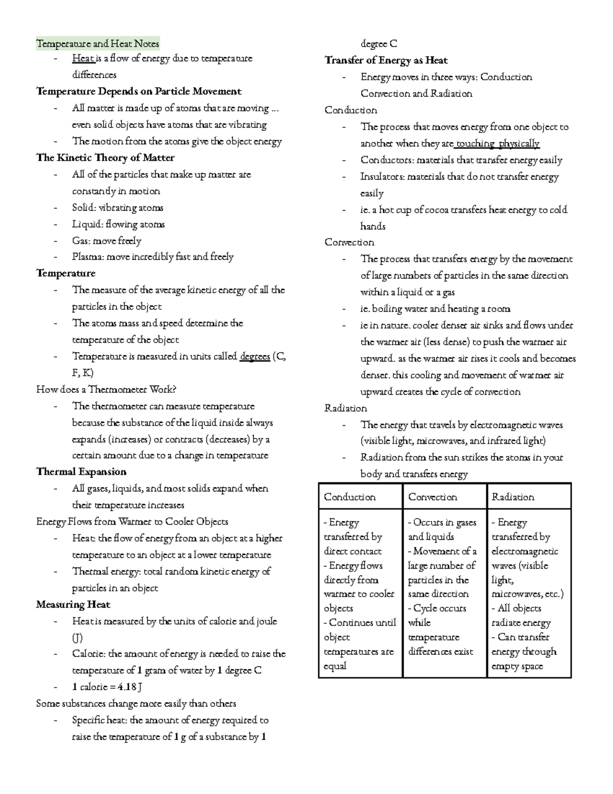 Temperature and heat notes - Temperature and Heat Notes - Heat is a ...