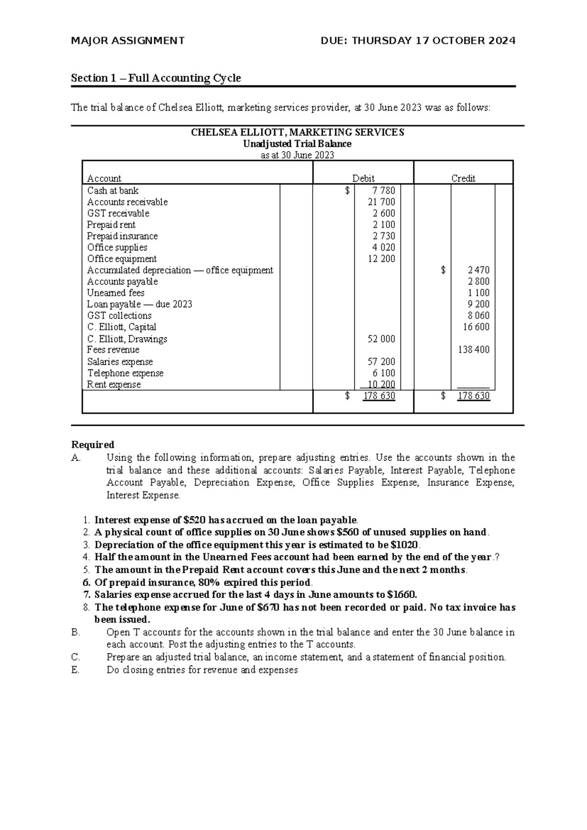 ACCT1110 Intro to Accounting Major Assignment (Student Copy) - Section ...