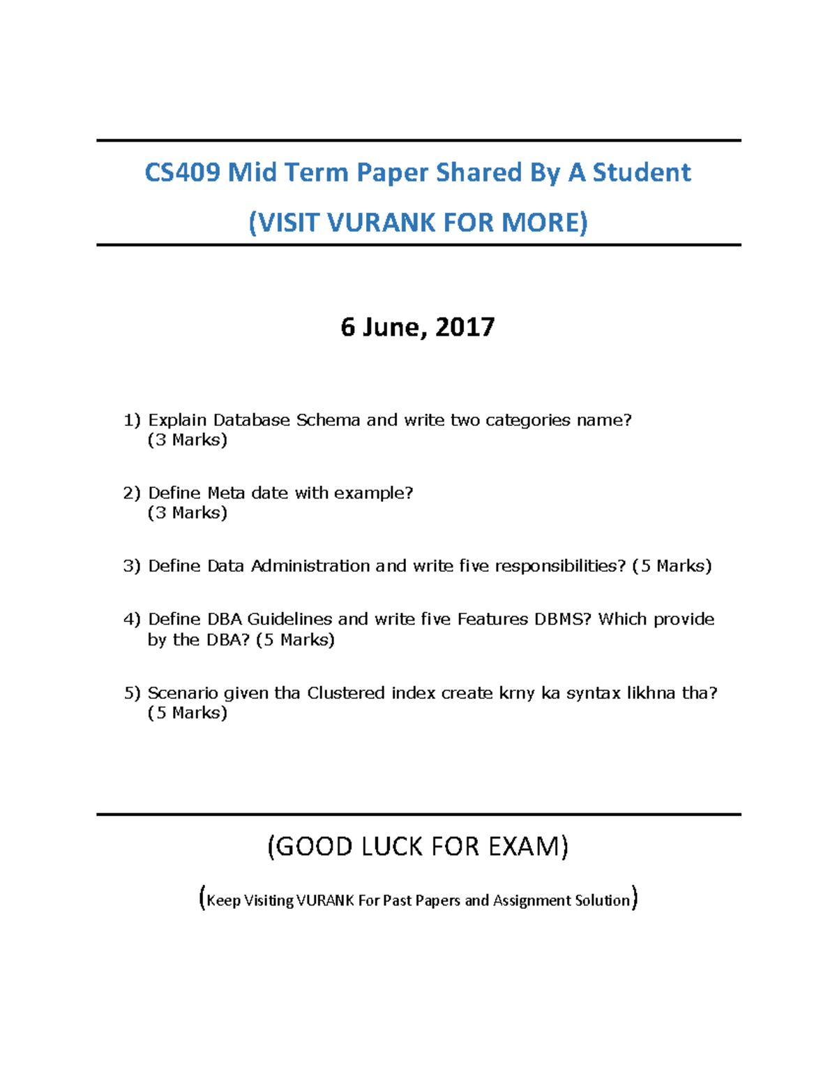 CS409 Mid Term Past Paper Downloaded from vurank - CS409 Mid Term Paper ...