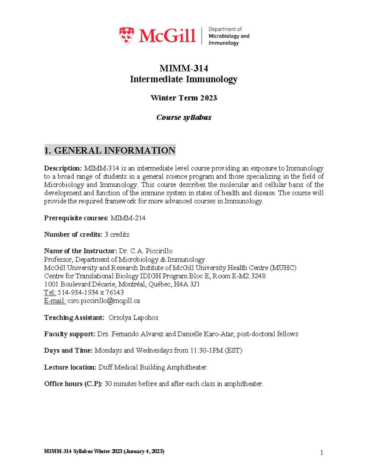MIMM-314 2023 Syllabus Final - MIMM- Intermediate Immunology Winter ...