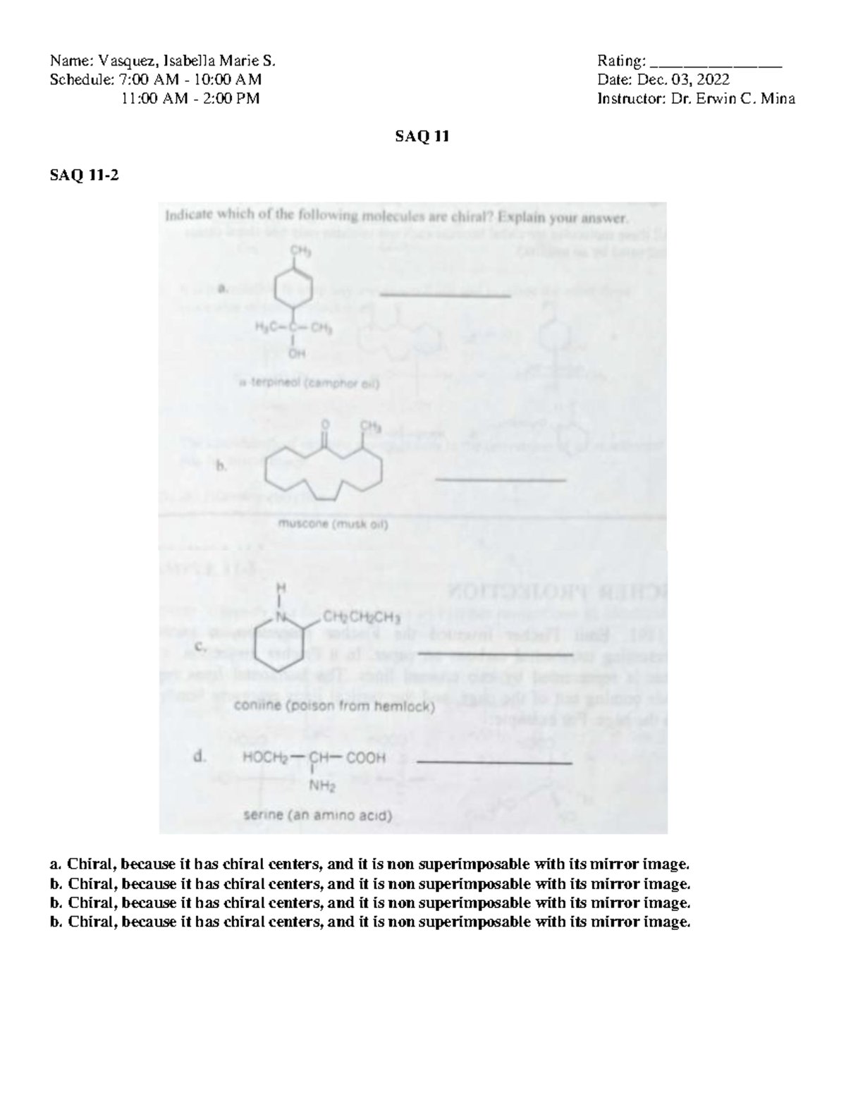 Vasquez - BS Chem 2A (SAQ 11) - Name: Vasquez, Isabella Marie S. Rating ...
