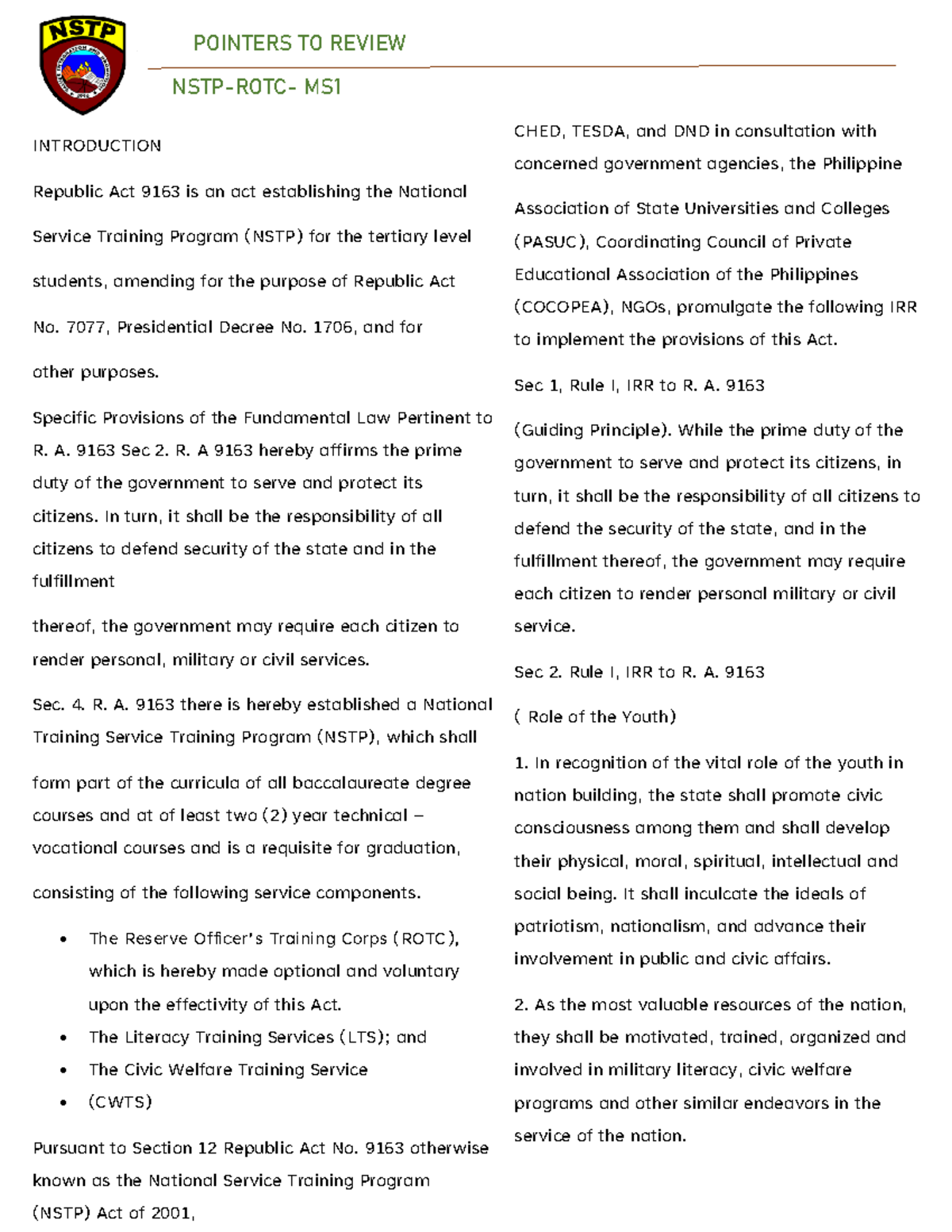 NSTP Reviewer - none - POINTERS TO REVIEW NSTP-ROTC- MS INTRODUCTION ...