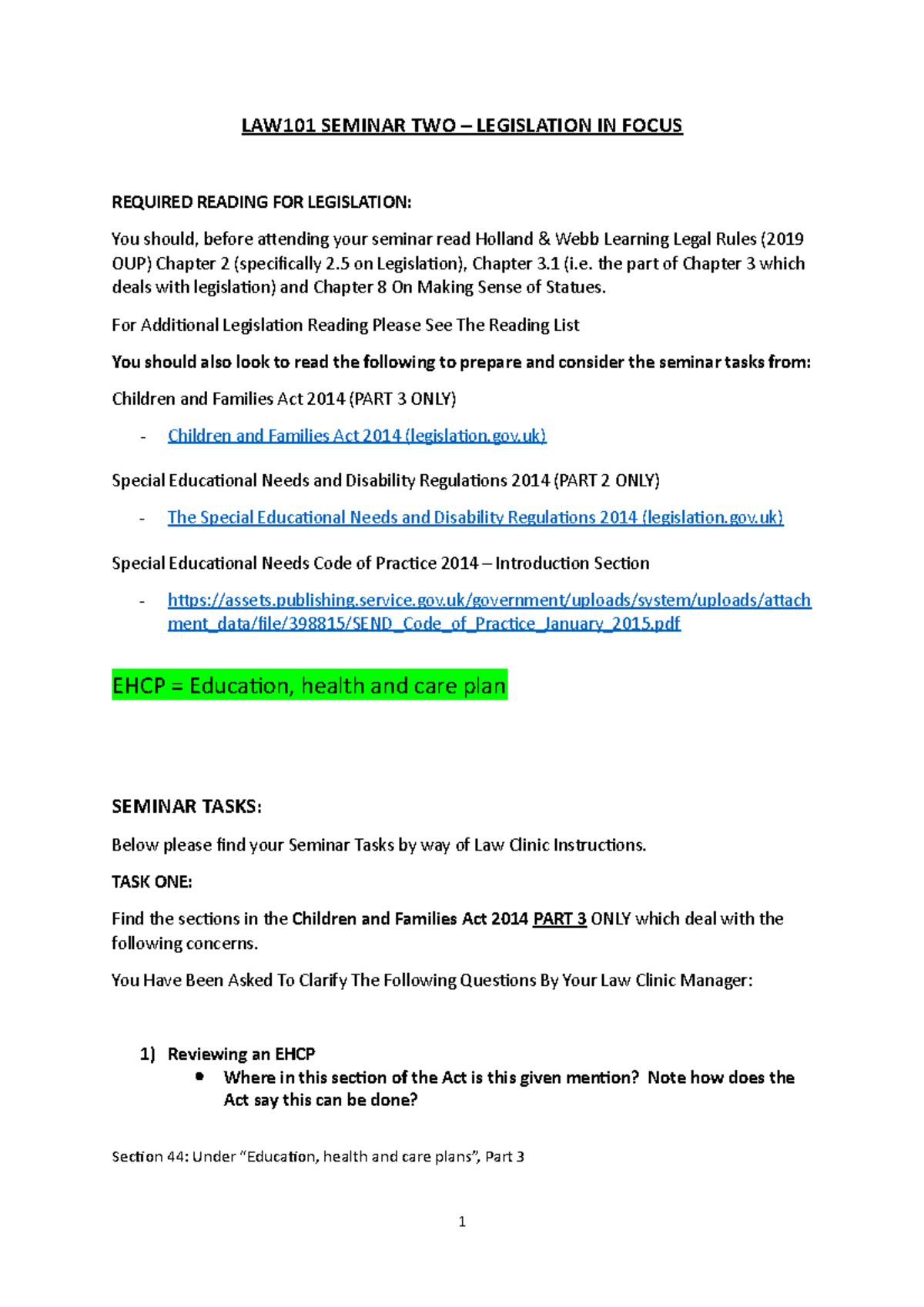 LAW101 SEMINAR TWO – LEGISLATION IN FOCUS - LAW101 - Liverpool - Studocu