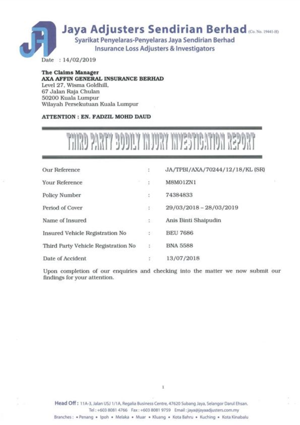 AXA0002 - Adjusters Report - Law of Torts II - Studocu